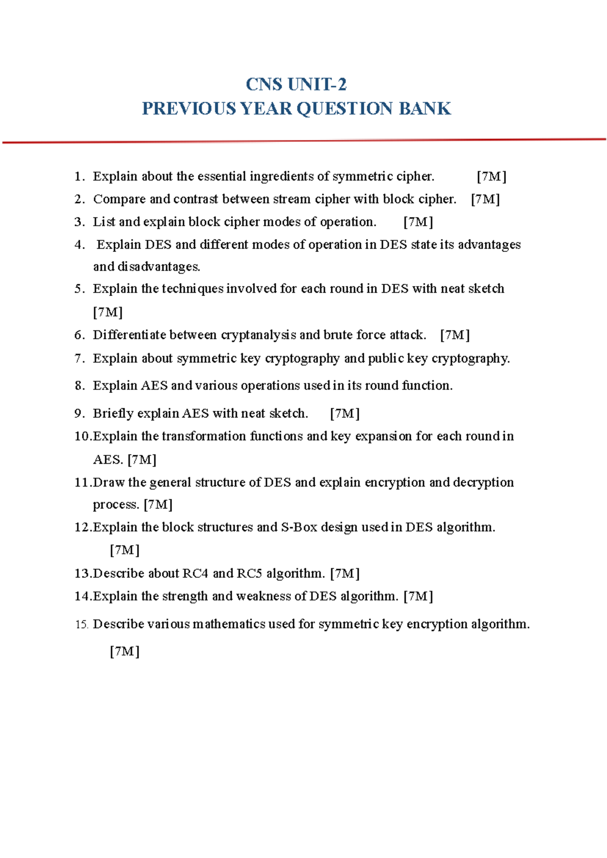 CNS UNIT 2 Question Bank - CNS UNIT- 2 PREVIOUS YEAR QUESTION BANK 1 ...