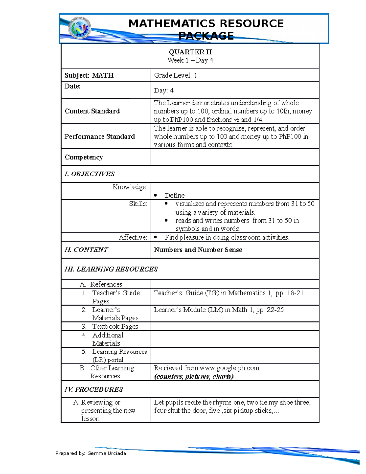 MATH1 Q1 WEEK1 DAY4 - FOR REFERENCES - PACKAGE QUARTER II Week 1 – Day ...