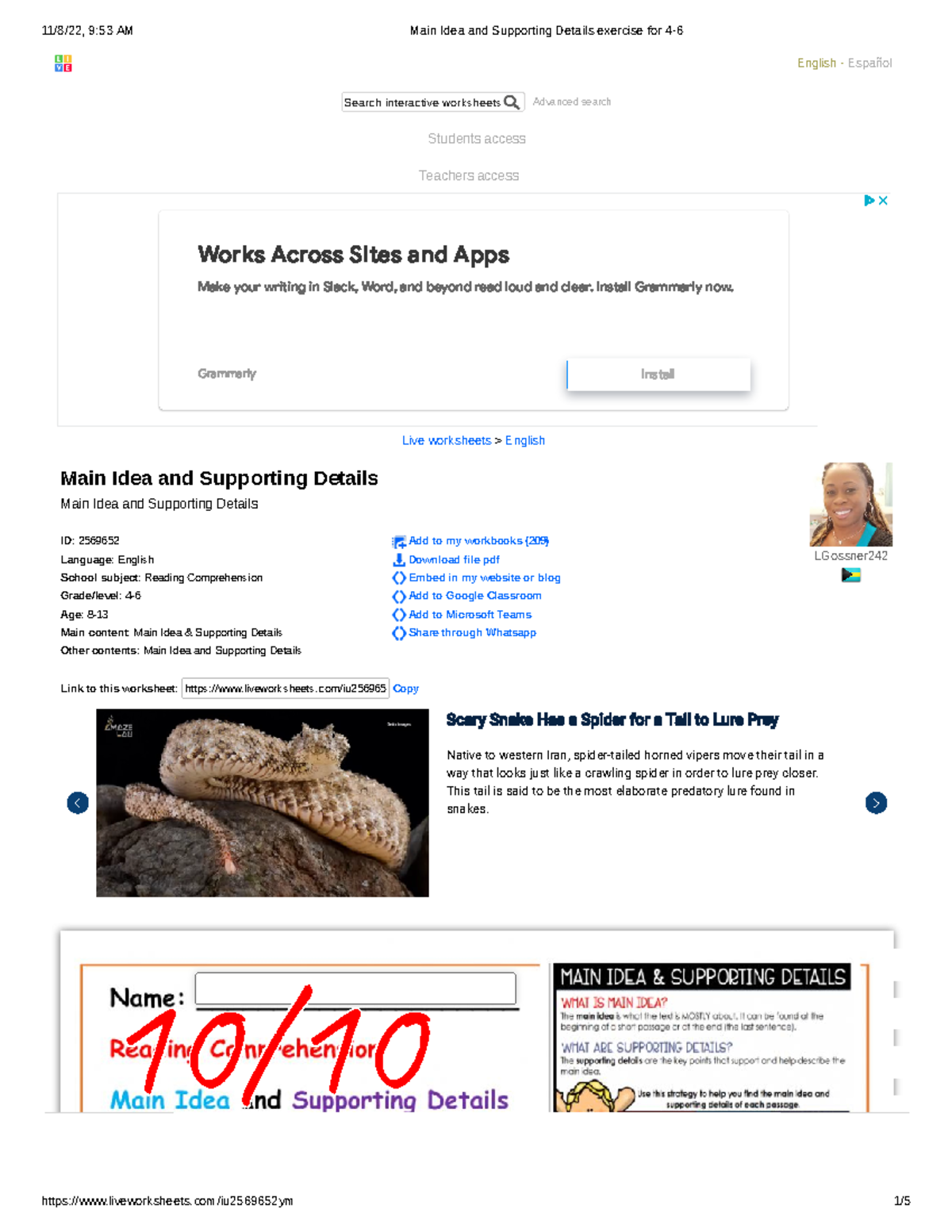 Main Idea and Supporting Details exercise for 4-6 - Install Grammarly ...
