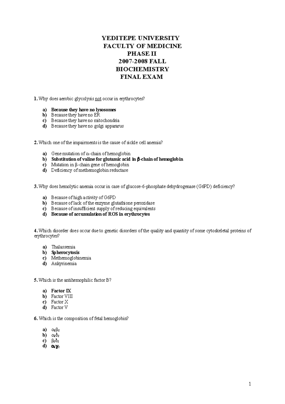 Biochemistry Exam Committee I - YEDITEPE UNIVERSITY FACULTY OF MEDICINE ...