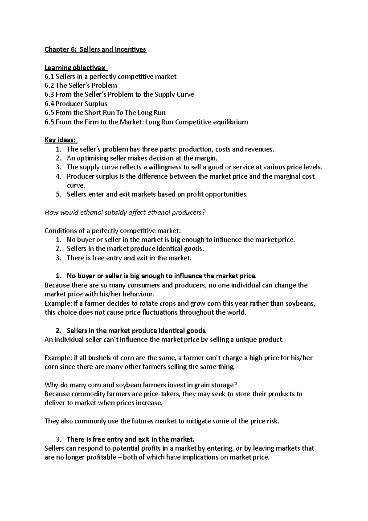 Economics - Chapter 6 - Chapter 6: Sellers and Incentives Learning ...