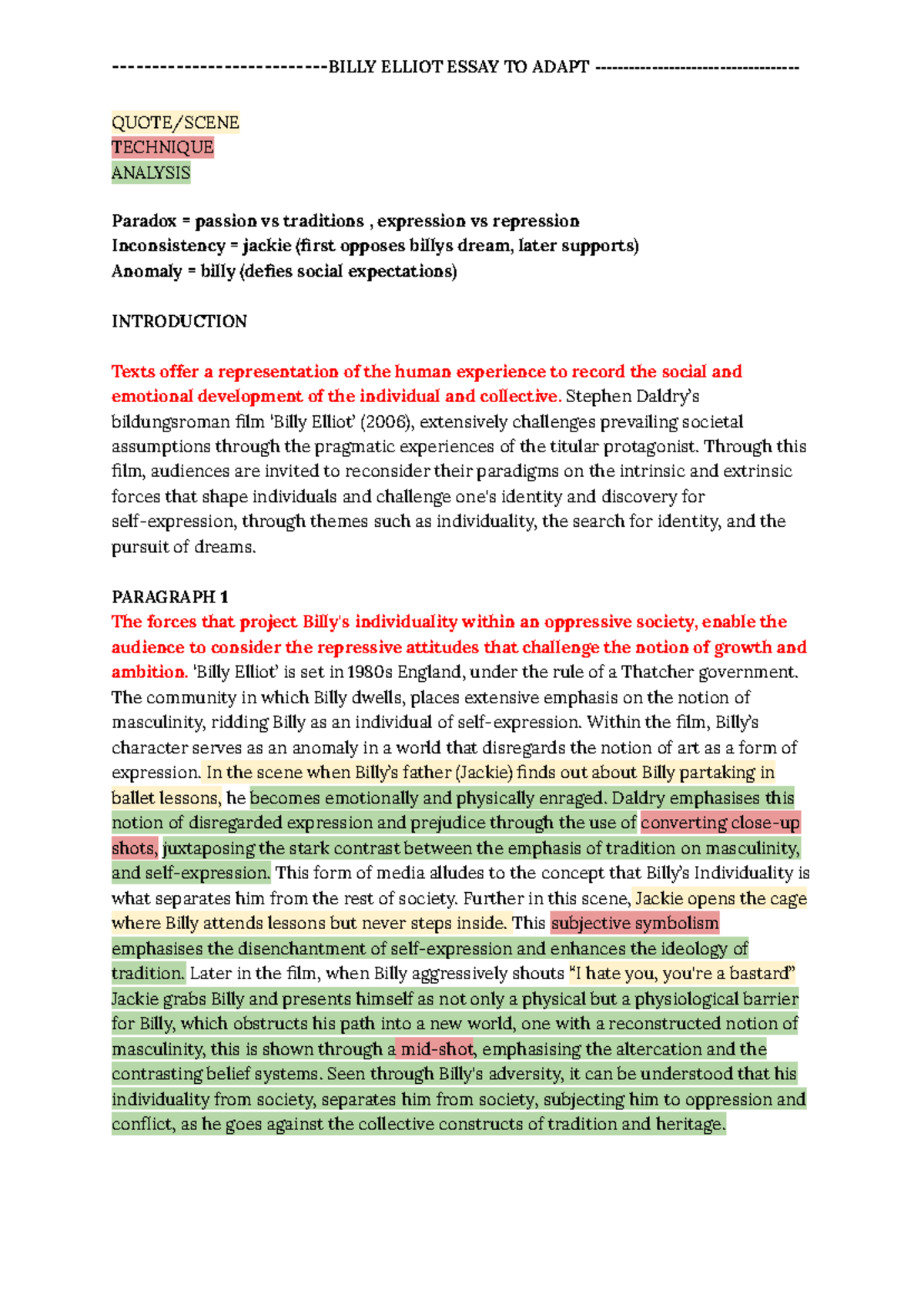 Billy Elliot Essay -BILLY ELLIOT ESSAY TO ADAPT - QUOTE/SCENE TECHNIQUE ...