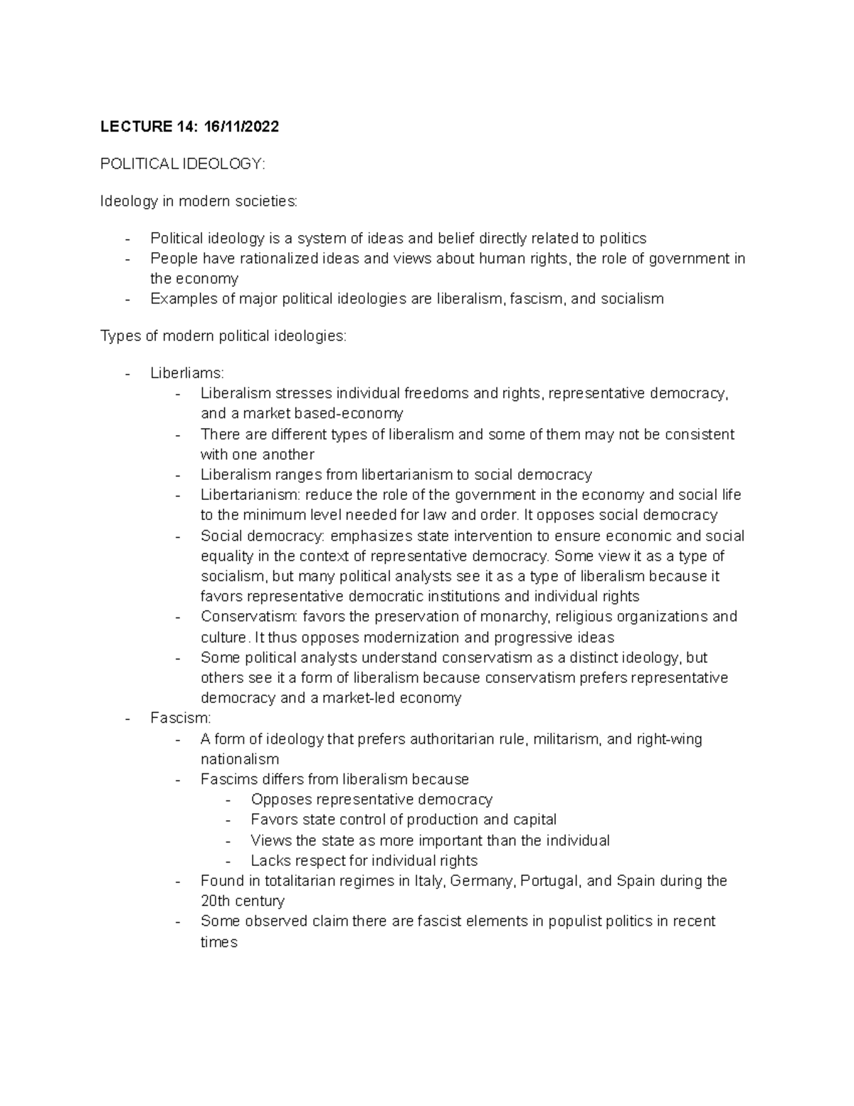 Poli 203, lecture 14 - LECTURE 14: 16/11/ POLITICAL IDEOLOGY: Ideology ...