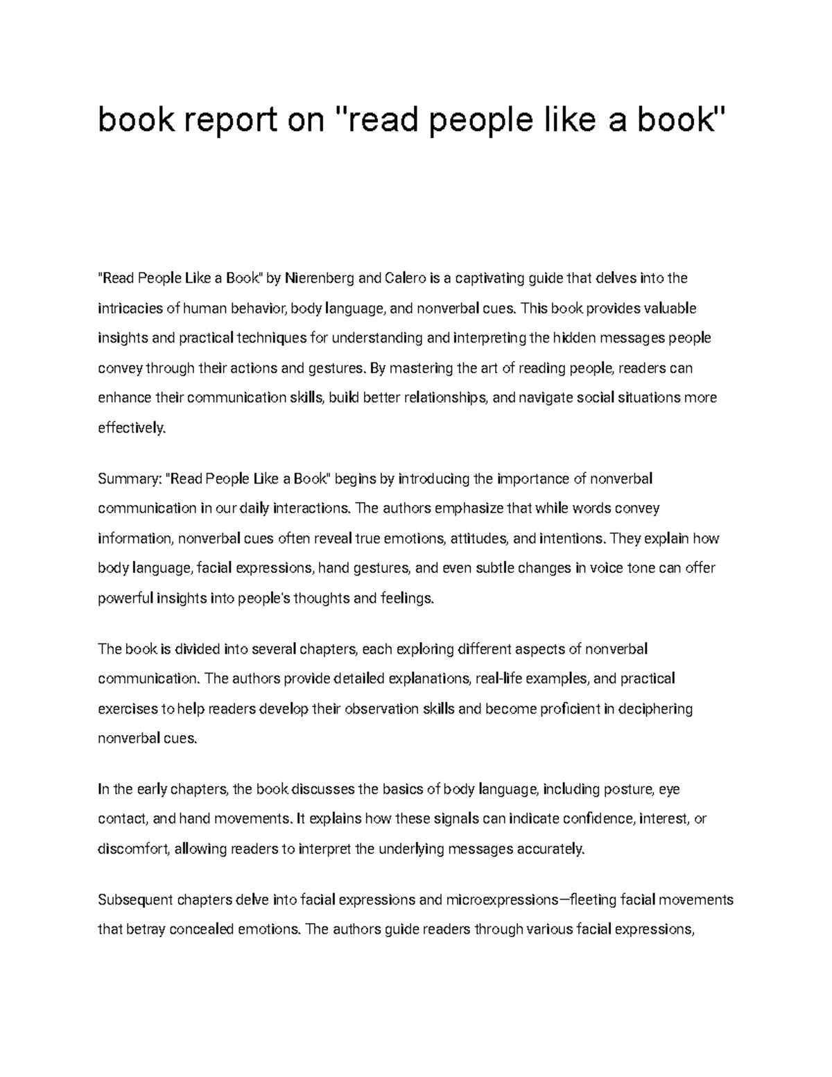 Book report on read people like a book - Studocu
