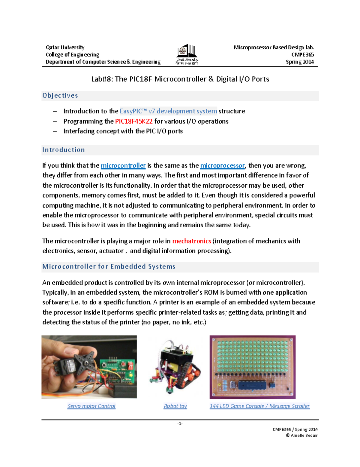 [Spring 2014 ] Lab #08a - The PIC18F Microcontroller -1- CMPE365 / Spring 2014 Qatar University ...