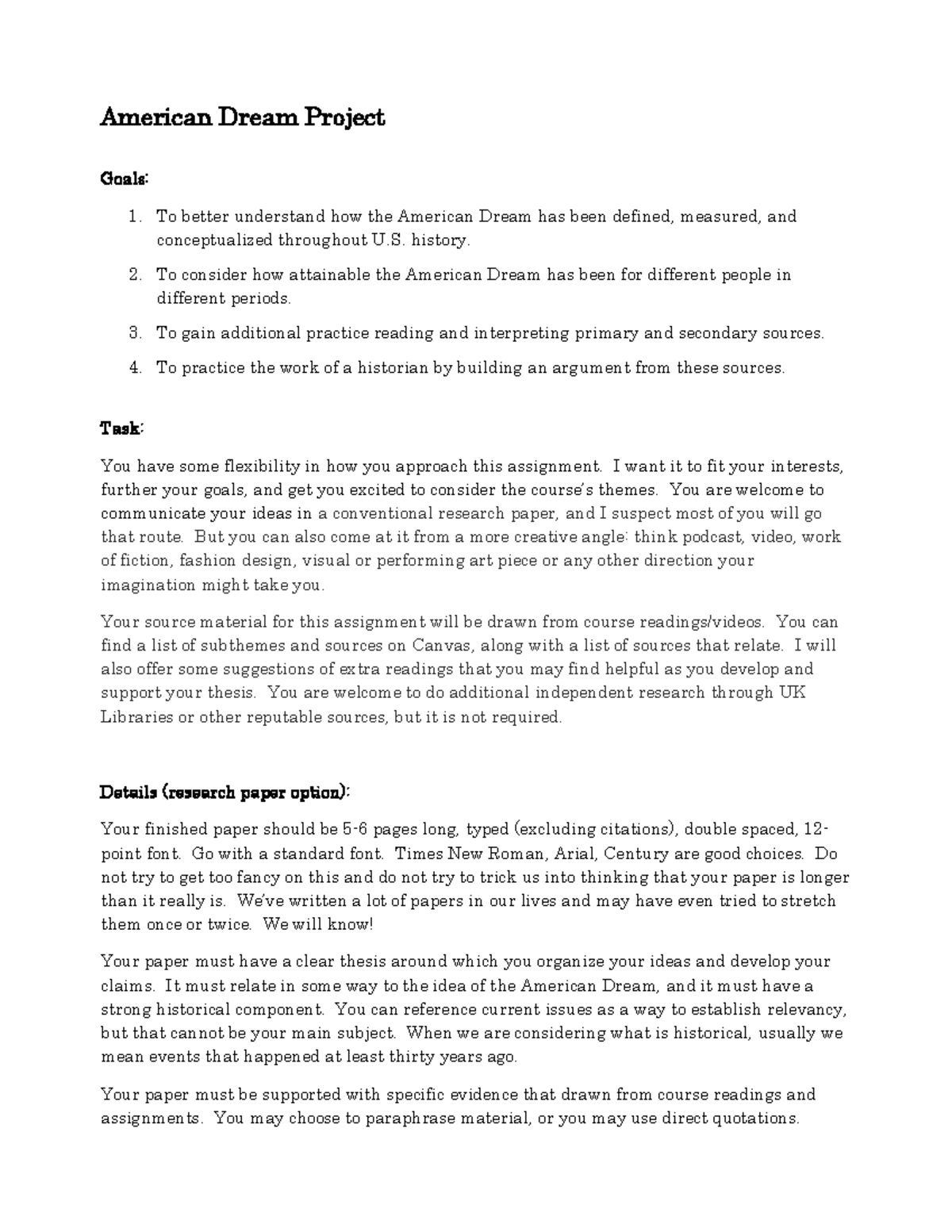 American Dream project guidelines - American Dream Project Goals: 1. To ...