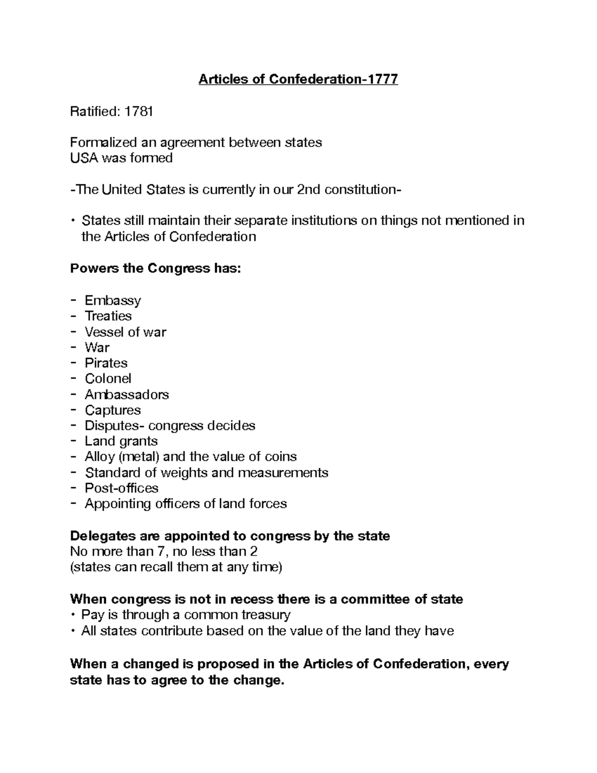Articles of confederation notes - Articles of Confederation- Ratified ...