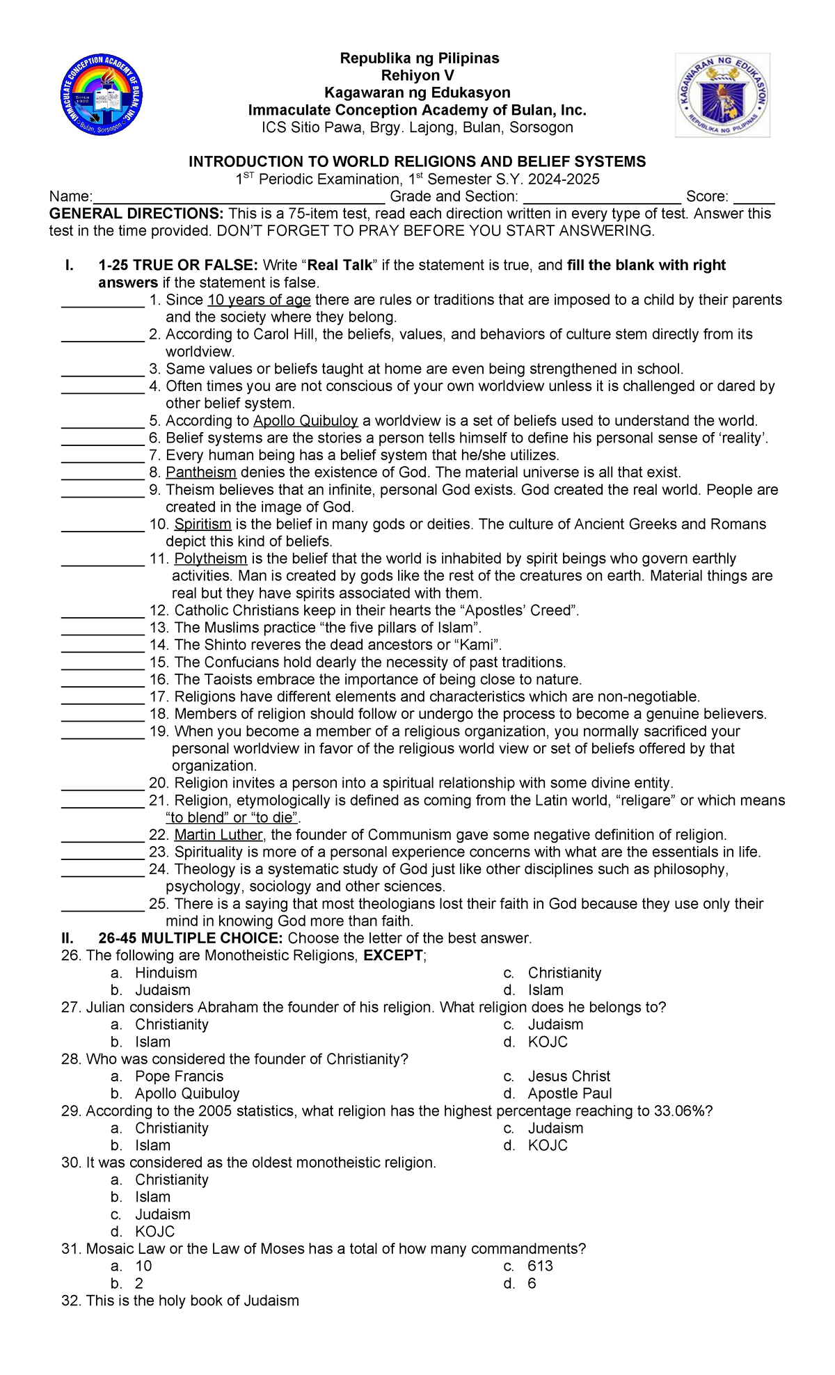 World Religion EXAM 023335 - Republika ng Pilipinas Rehiyon V Kagawaran ...