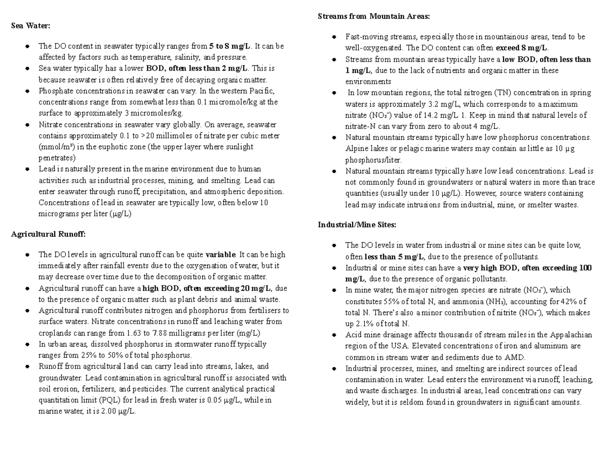 Chem Notes - Sea Water: The DO content in seawater typically ranges ...