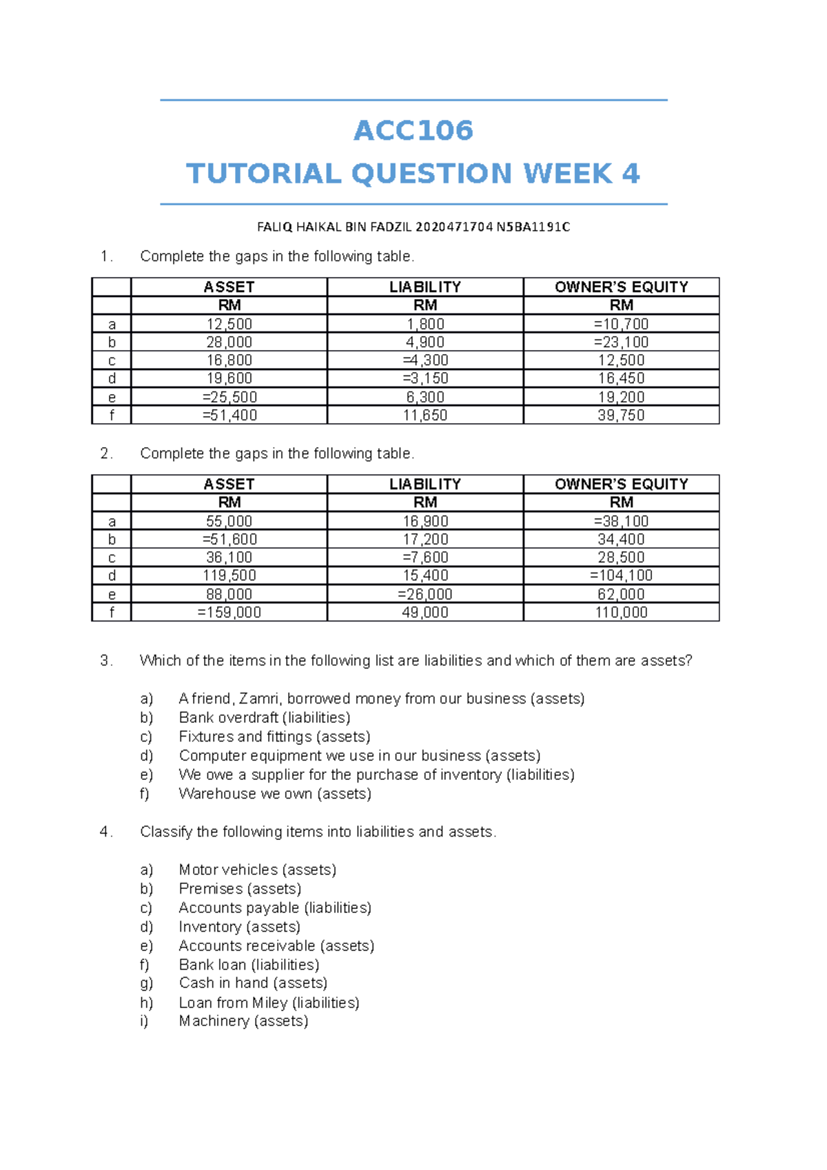 Tutorial Question ACC106 - ACC TUTORIAL QUESTION WEEK 4 FALIQ HAIKAL BIN FADZIL 2020471704 ...