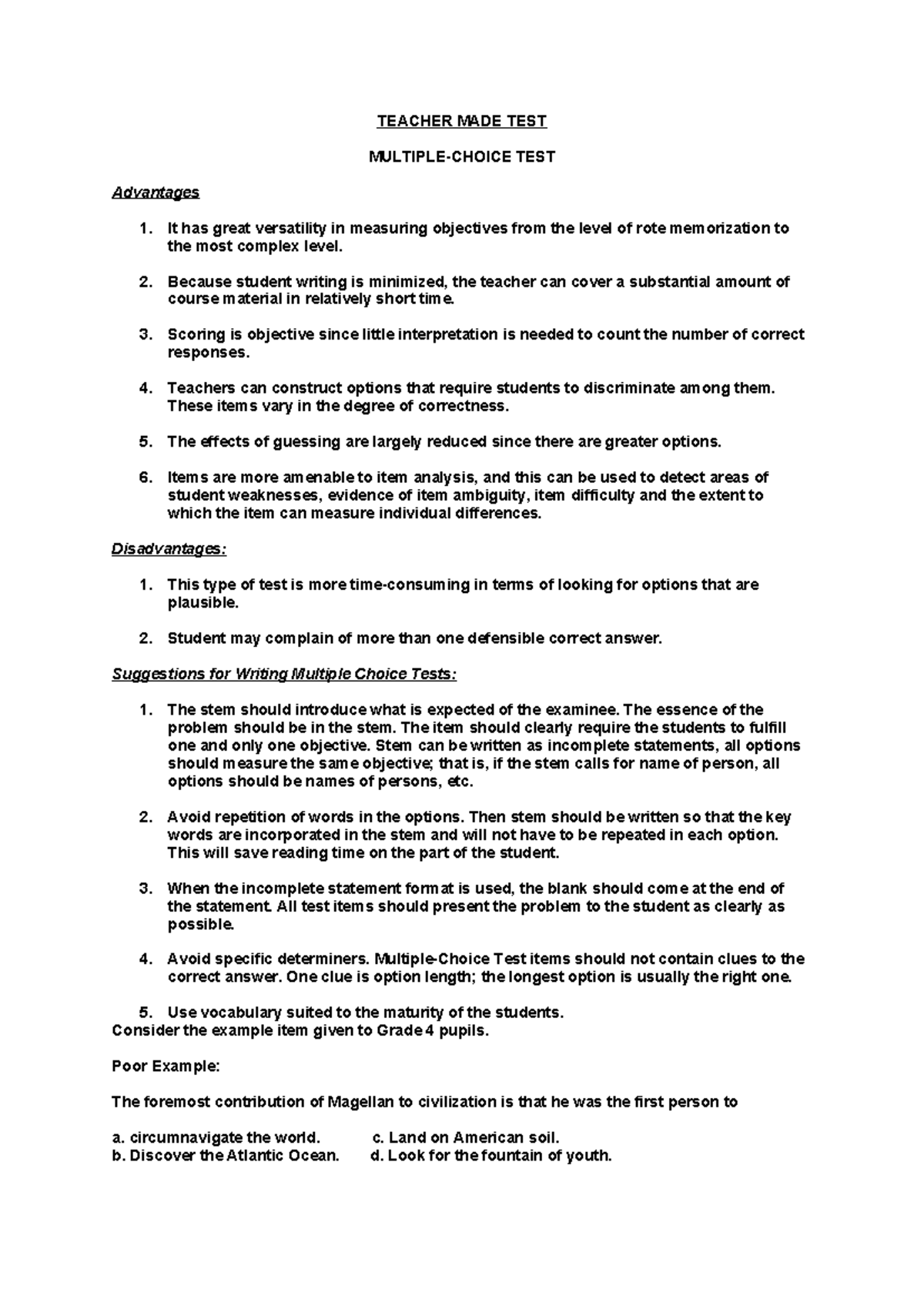 Teacher MADE TEST reviewer - TEACHER MADE TEST MULTIPLE-CHOICE TEST ...