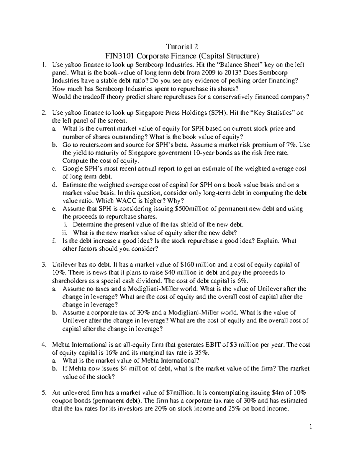 Tutorial 2 - Tutorial 2 FIN3101 Corporate Finance (Capital Structure) 1 ...