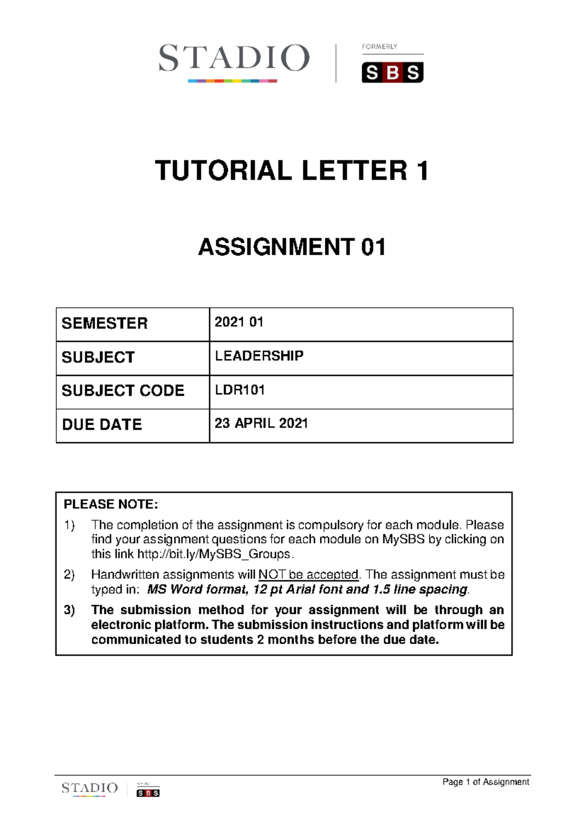 LDR101 ASMT 2021 01-2 220927 150047 - Page 1 of Assignment TUTORIAL LETTER 1 ASSIGNMENT 01 ...