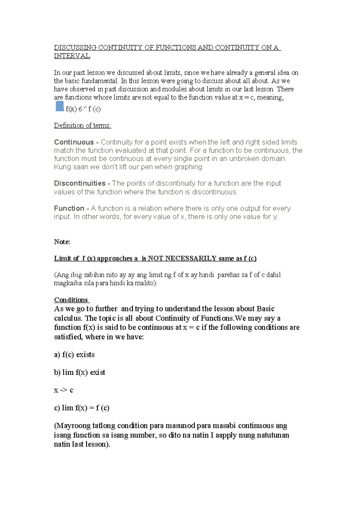 Basic cal - to understand the lesson in math - DISCUSSING CONTINUITY OF ...