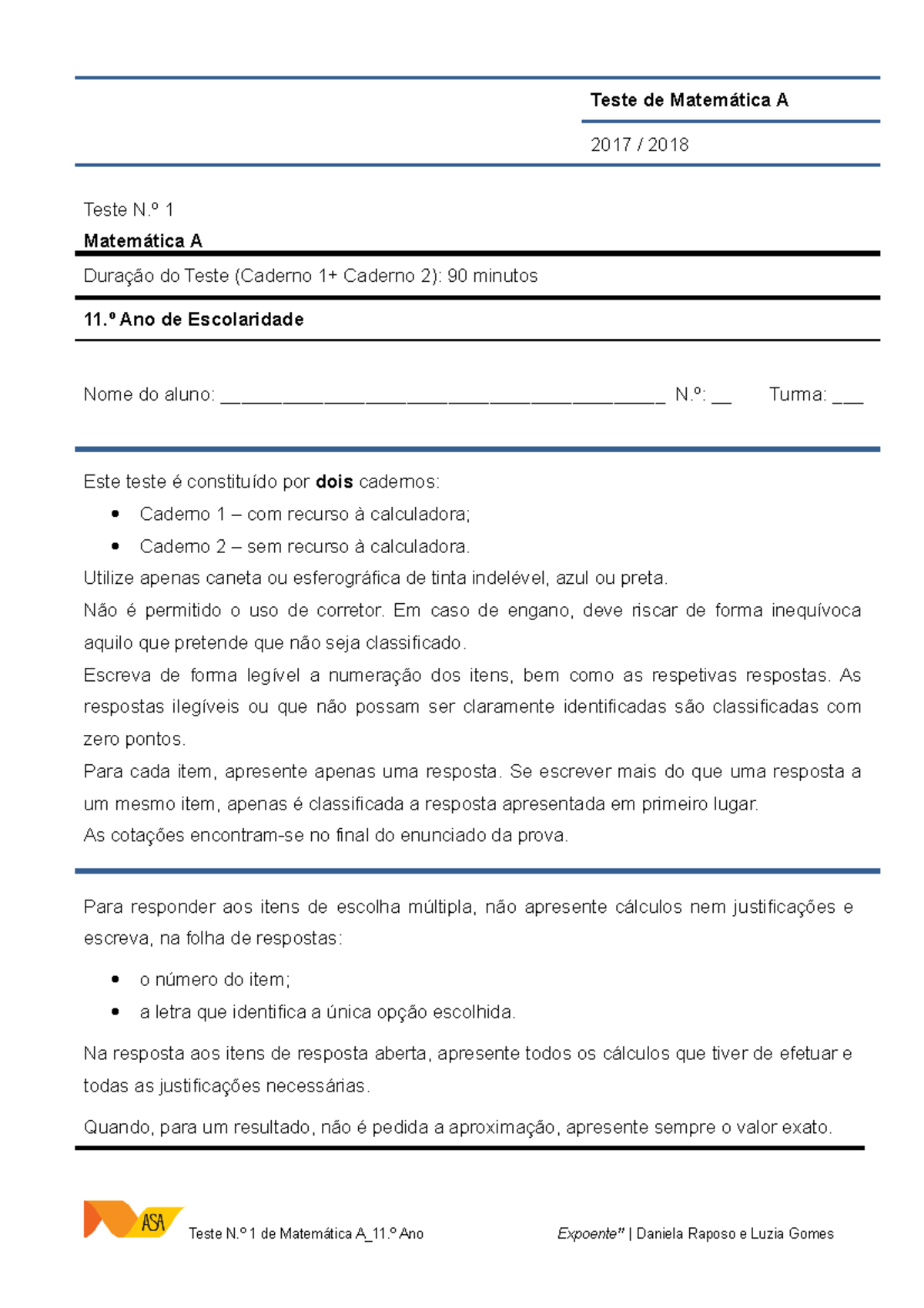 1.º teste 11 - FQ 11 ano IAVE - Teste de Matemática A 2017 / 2018 Teste ...