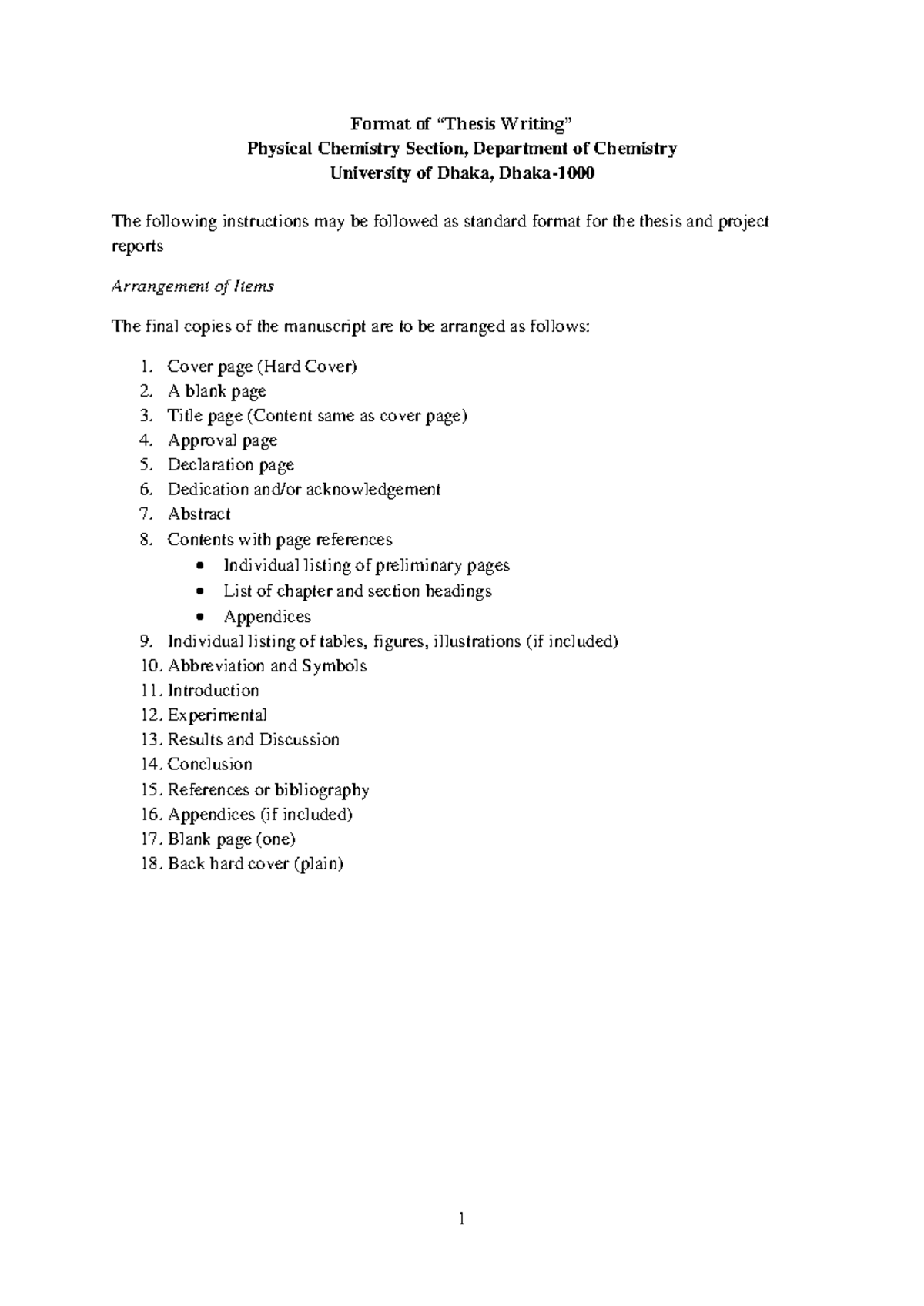 Thesis Format - Format of “Thesis Writing” Physical Chemistry Section ...