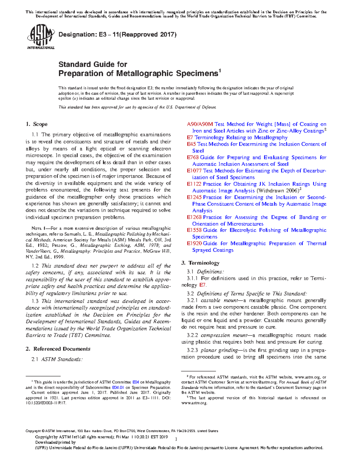 ASTM E3-11(2017 ) Standard Guide for Preparation of Metallographic ...