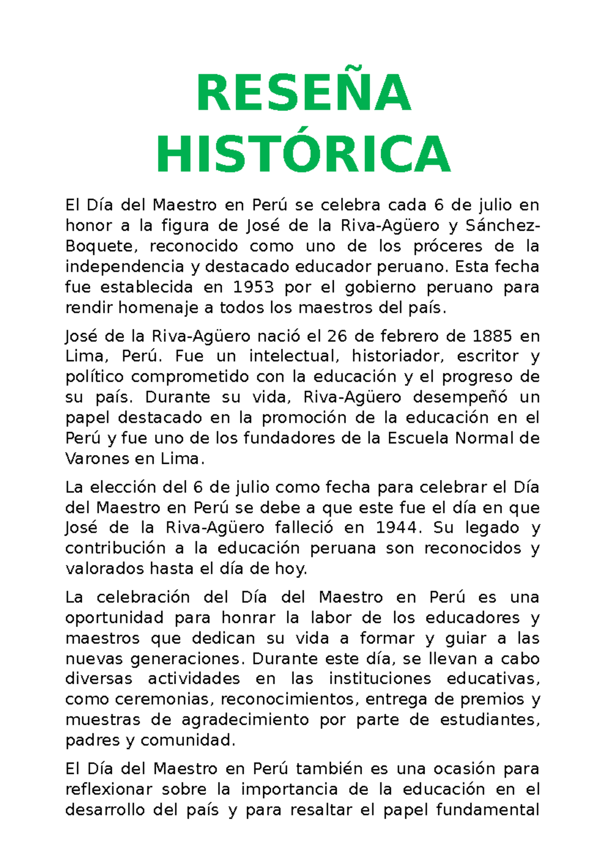Reseña Histórica - RESEÑA HISTÓRICA El Día del Maestro en Perú se celebra cada 6 de julio en ...