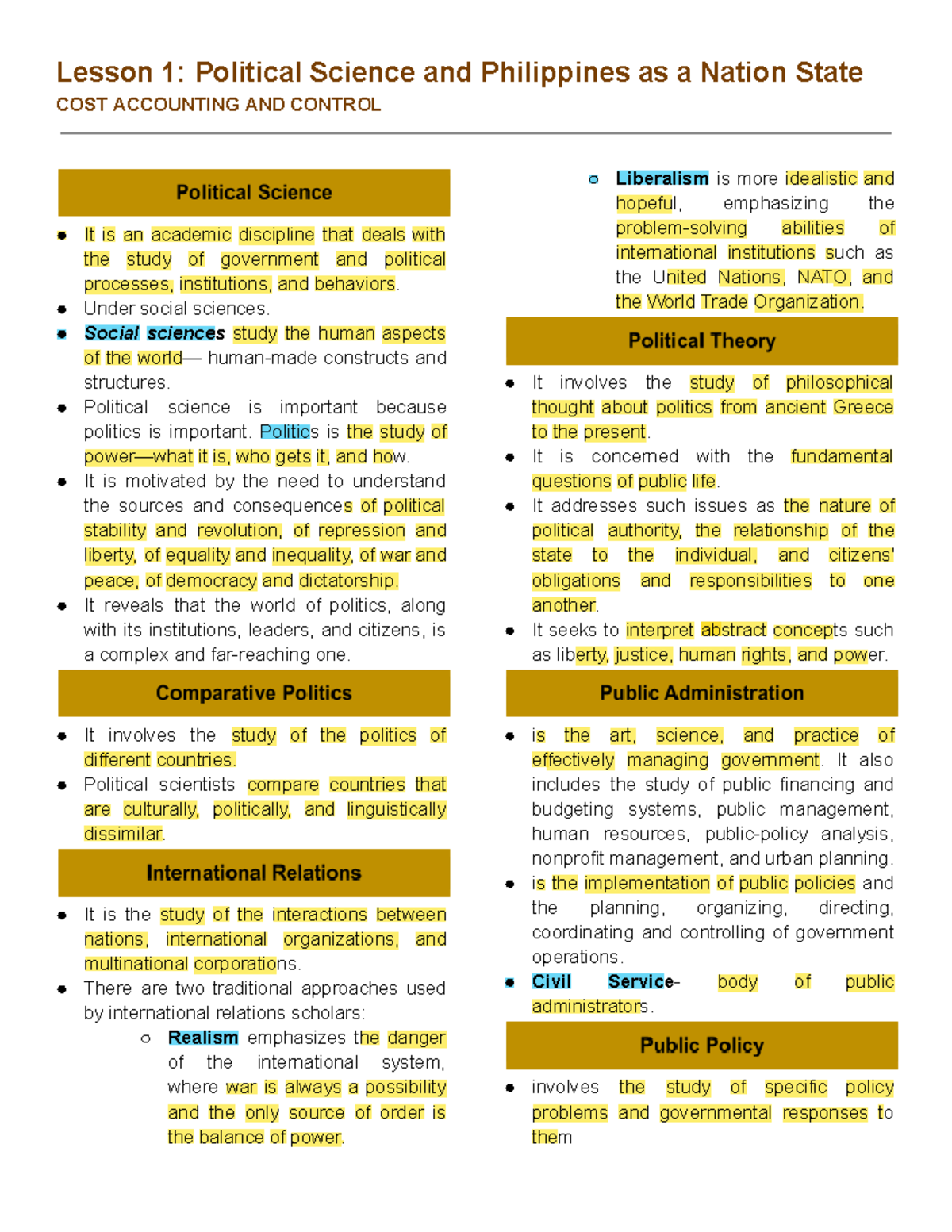 Lesson 1 - notes - COST ACCOUNTING AND CONTROL It is an academic ...