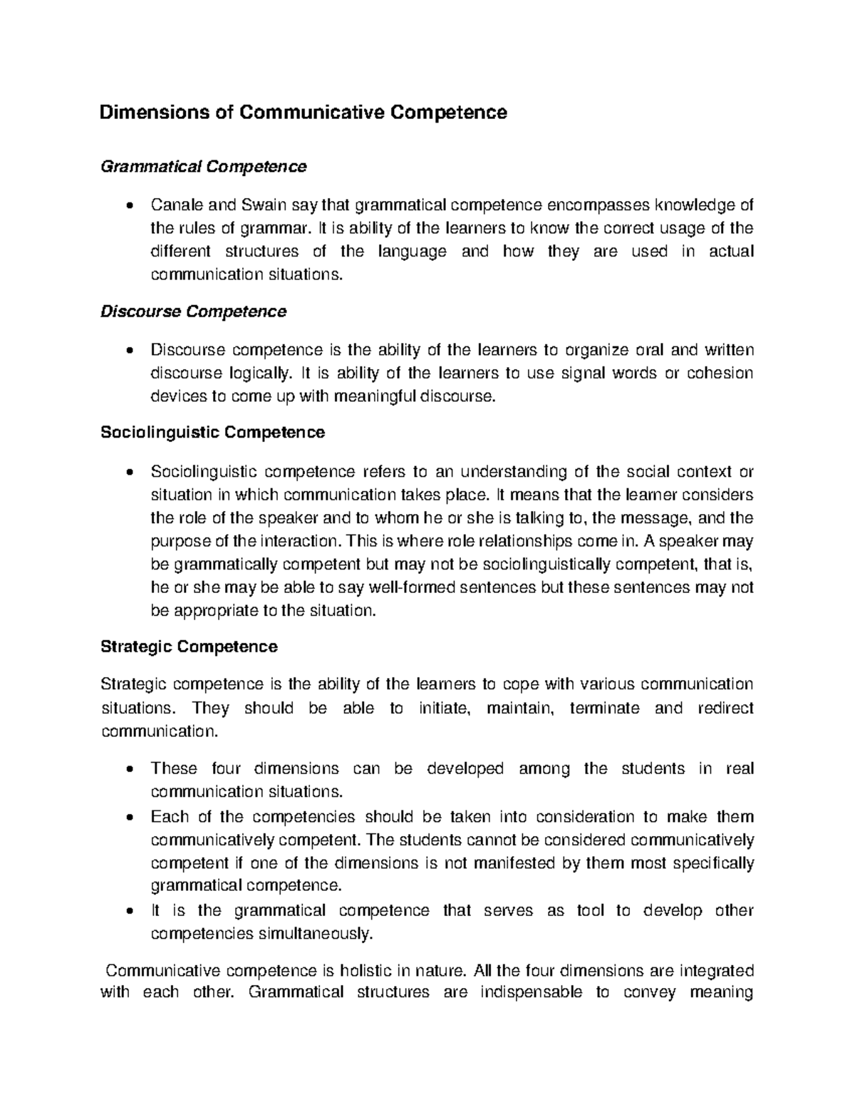 Dimensions of Communicative Competence - It is ability of the learners ...
