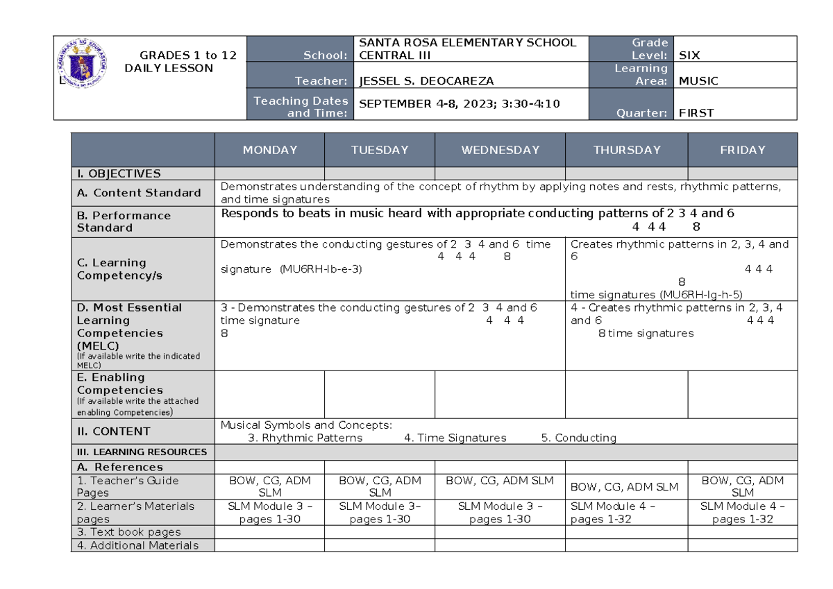 DLL Music Week 2 - daily lesson log - GRADES 1 to 12 DAILY LESSON LOG ...