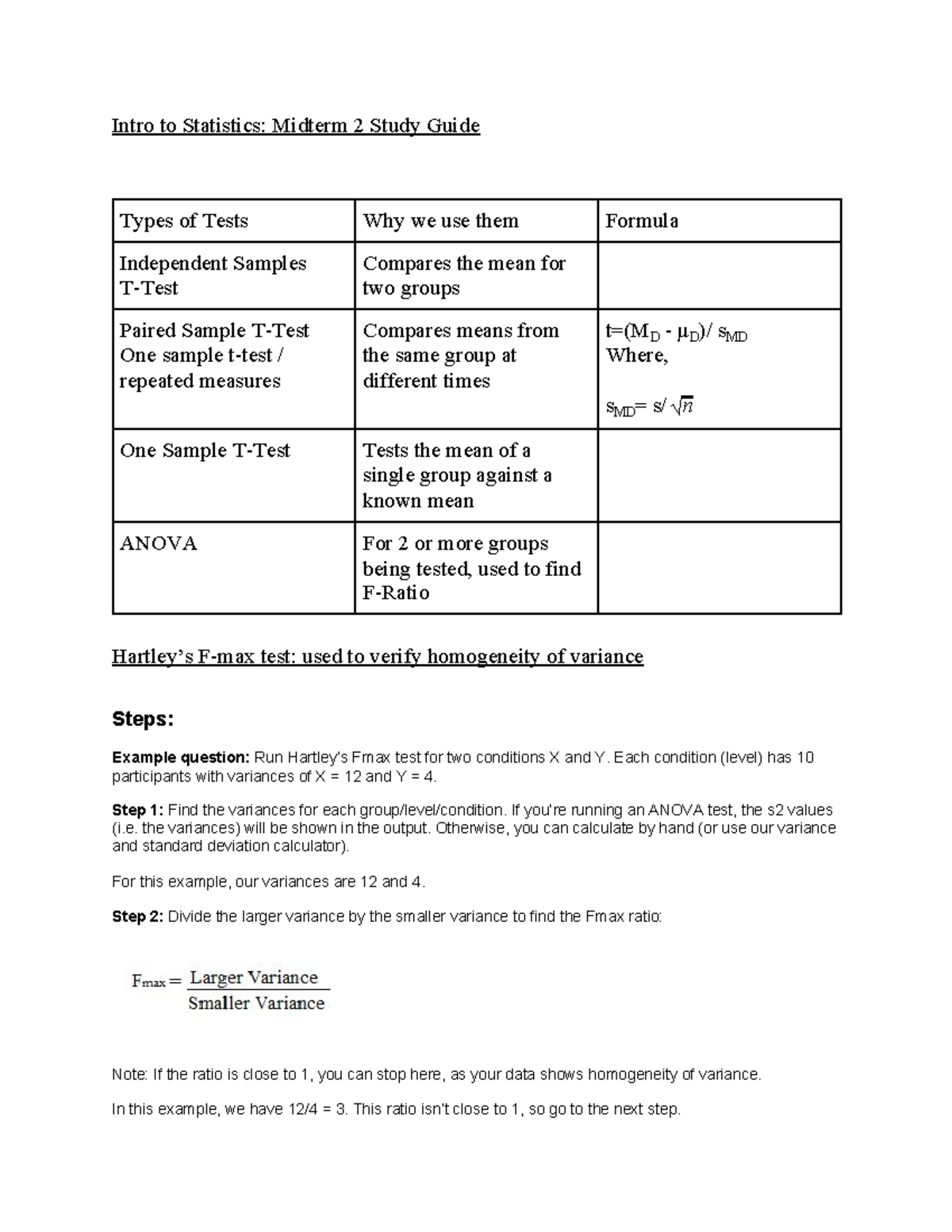 Intro to Statistics Midterm 2 Study Guide - Each condition (level) has ...