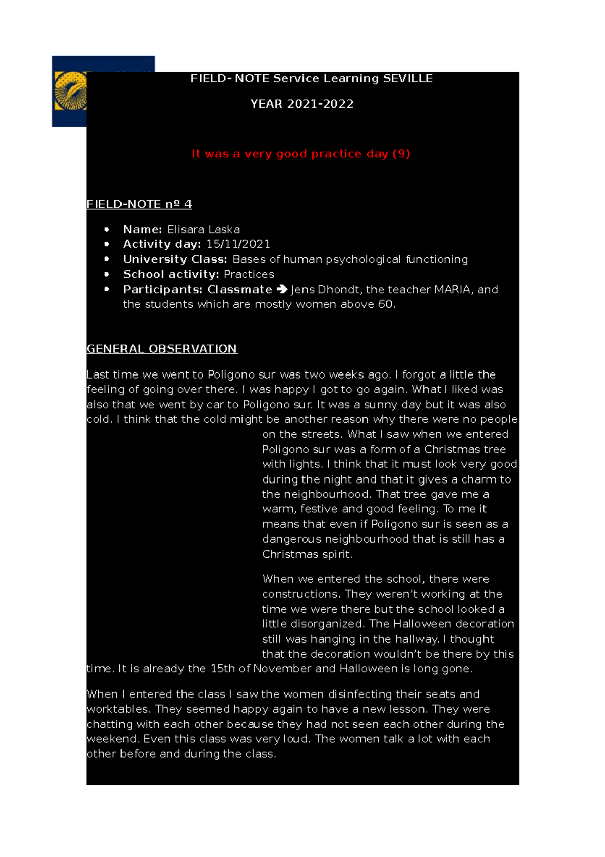 20211011 fieldnote 1 erasmus - FIELD- NOTE Service Learning SEVILLE YEAR 2021- It was a very ...