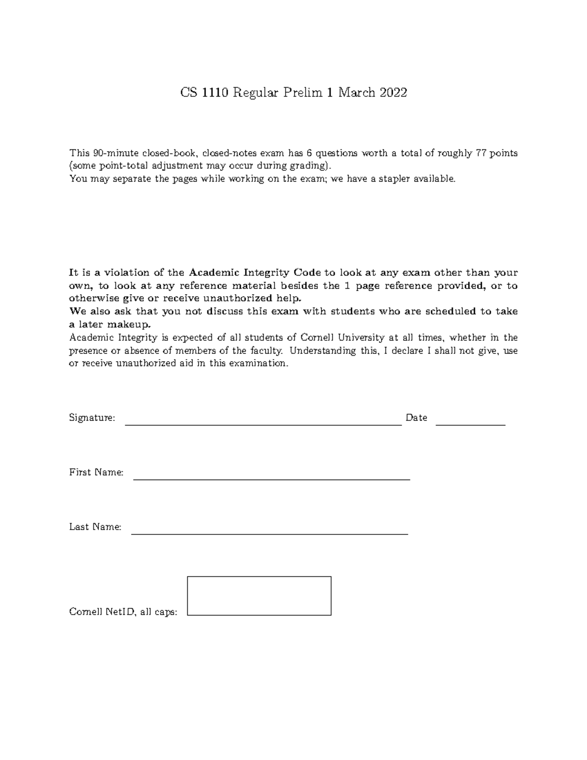 2022-spring-prelim 1 - Past Prelim 1 from CS 1110 taught by Professor ...
