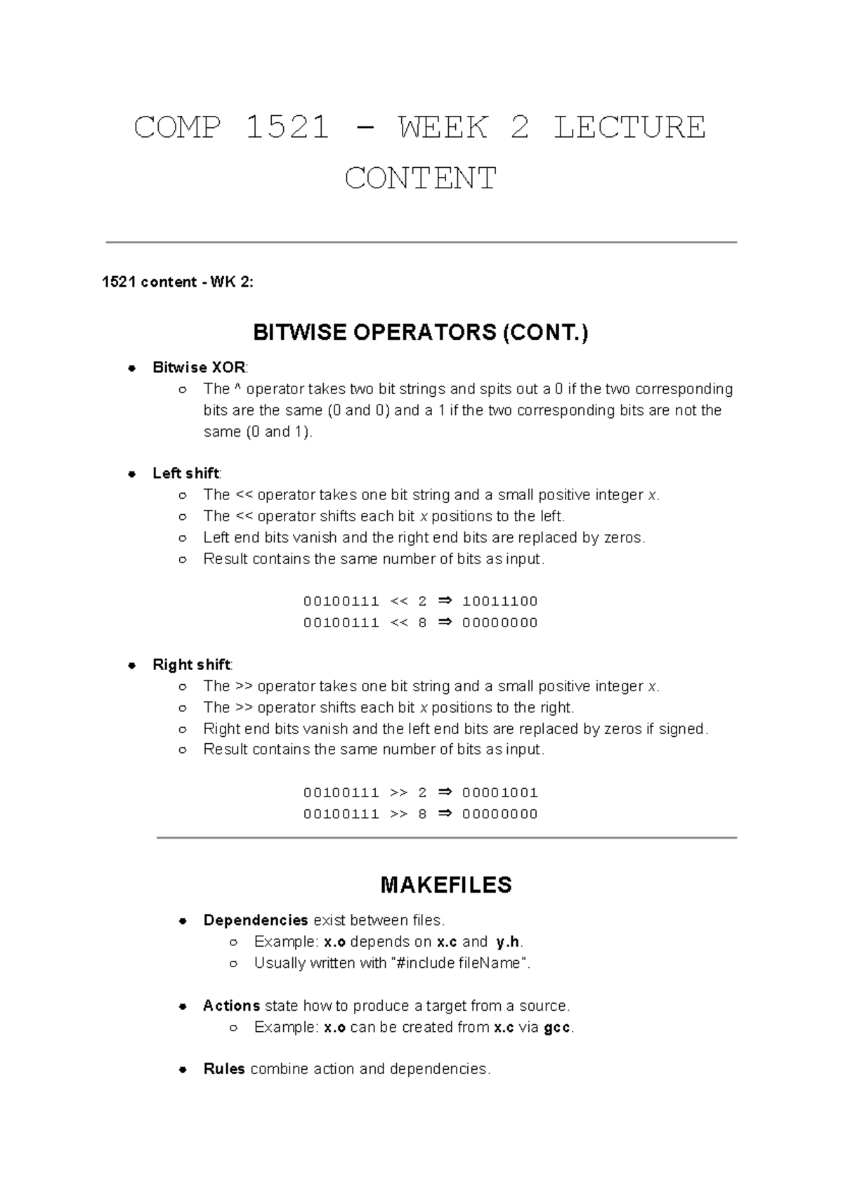 Summary of Week 2 Content - COMP 1521 - WEEK 2 LECTURE CONTENT 1521 content - WK 2: BITWISE ...