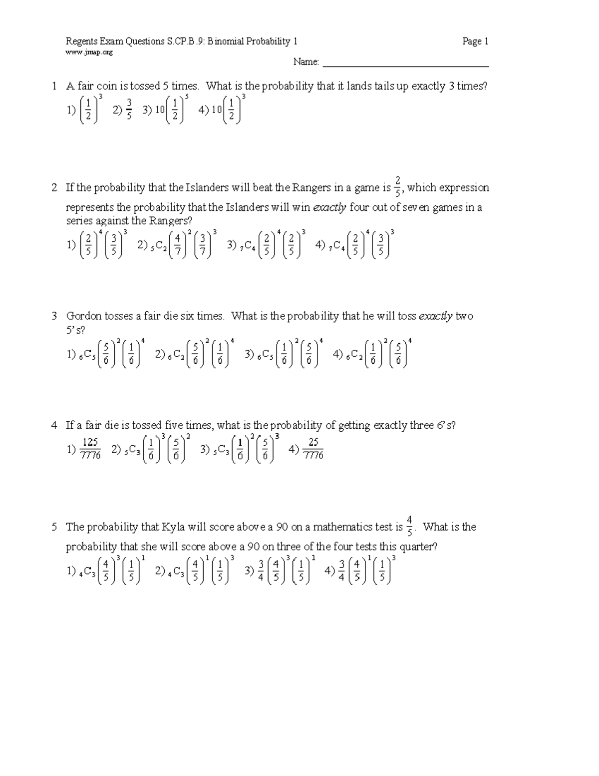 S.CP.B - STATS MCQ - Regents Exam Questions S.CP.B: Binomial ...