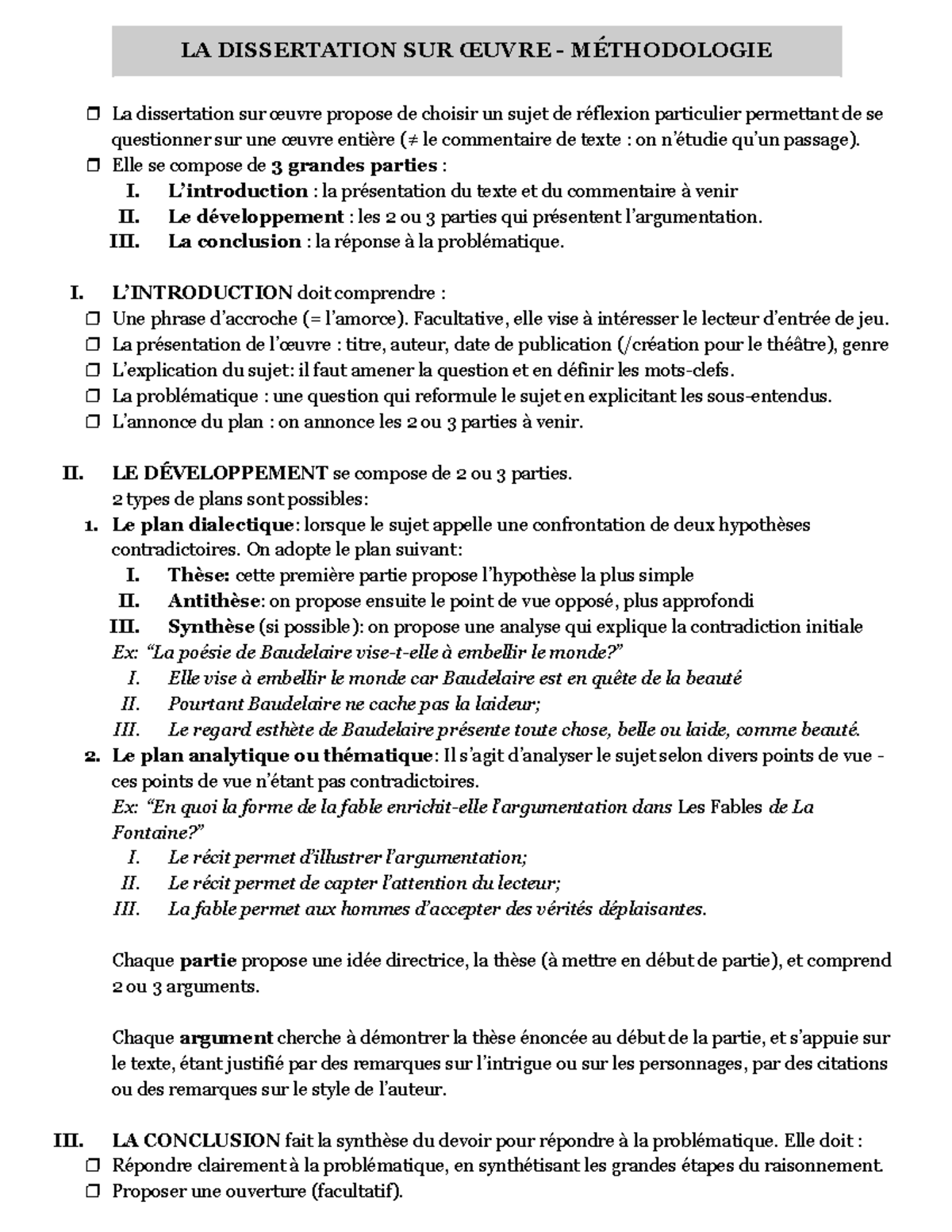 Methode de la dissertation sur oeuvre 1 - LA DISSERTATION SUR ŒUVRE ...