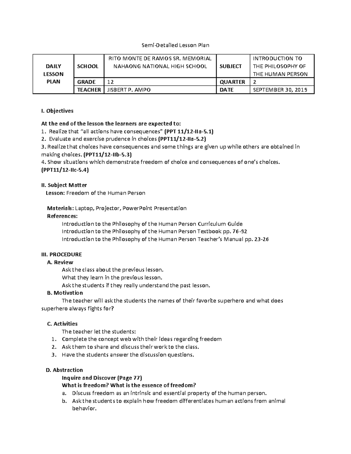 Philosophy-of-the-human-person compress - Semi-Detailed Lesson Plan ...