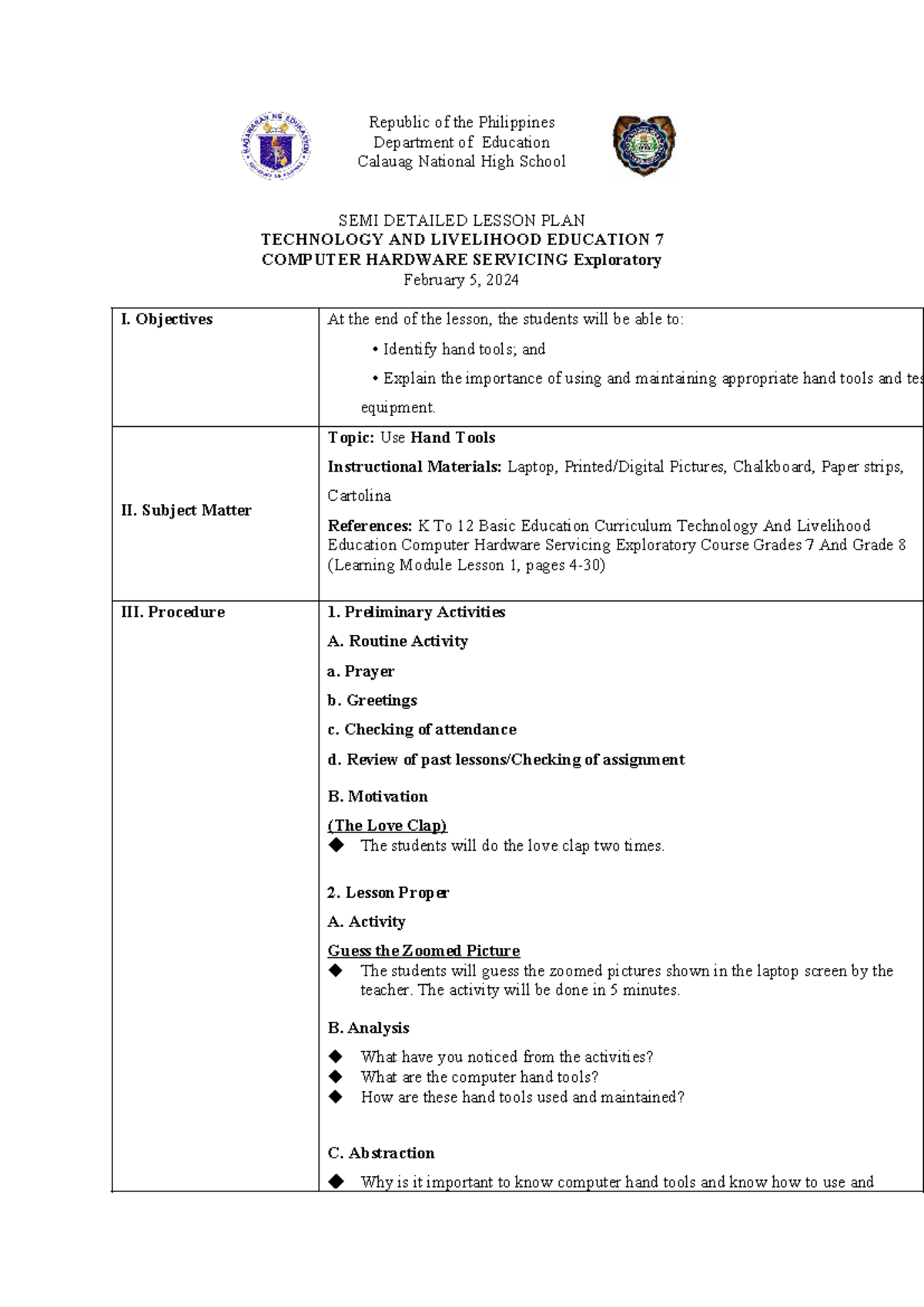 TLE 8 Exploratory CHS Lesson 1 Lesson Plan - Republic of the ...