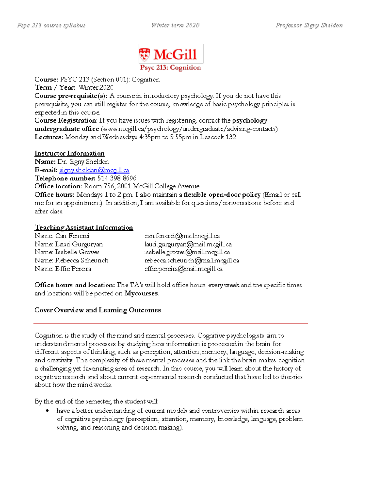 Cognition Syllabus 2020 - Course: PSYC 213 (Section 001): Cognition Term / Year: Winter 20 20 ...