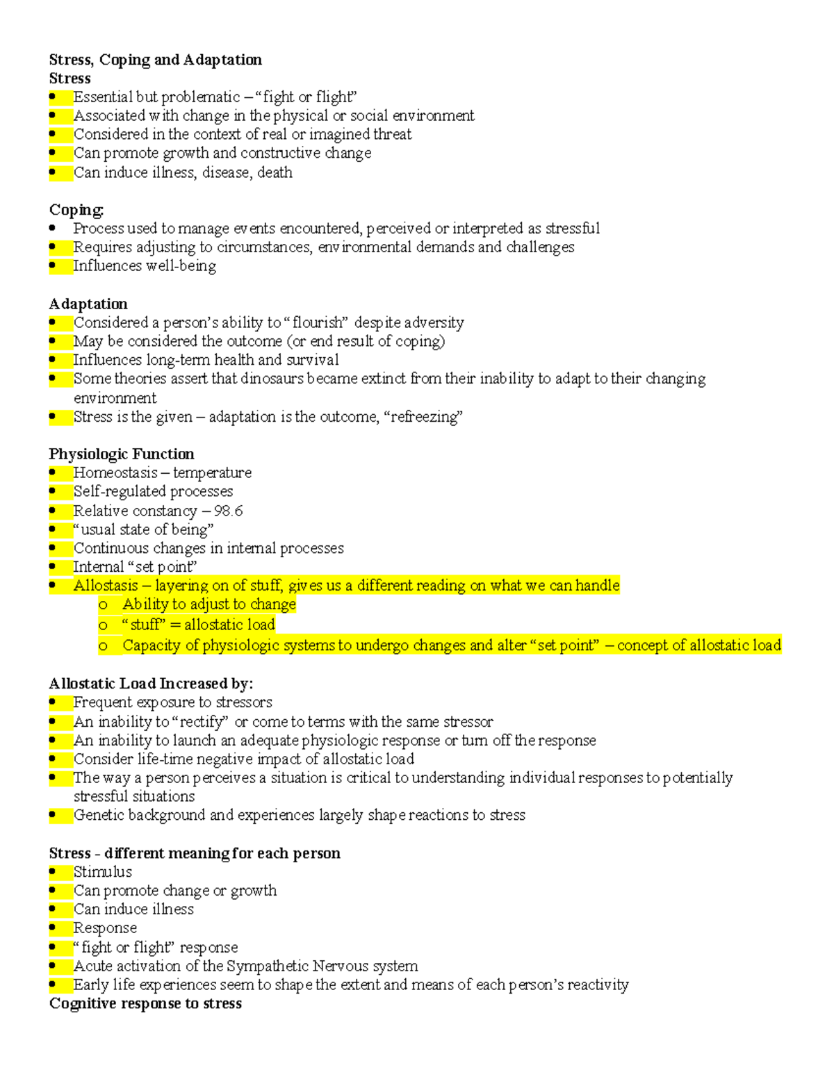 Stress lecture notes - Stress, Coping and Adaptation Stress Essential ...