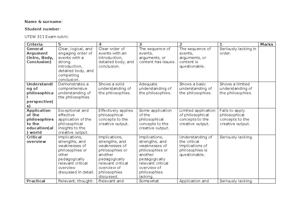 2024 Exam Rubric UTEW 31 fin1 - Name & surname: Student number: UTEW ...