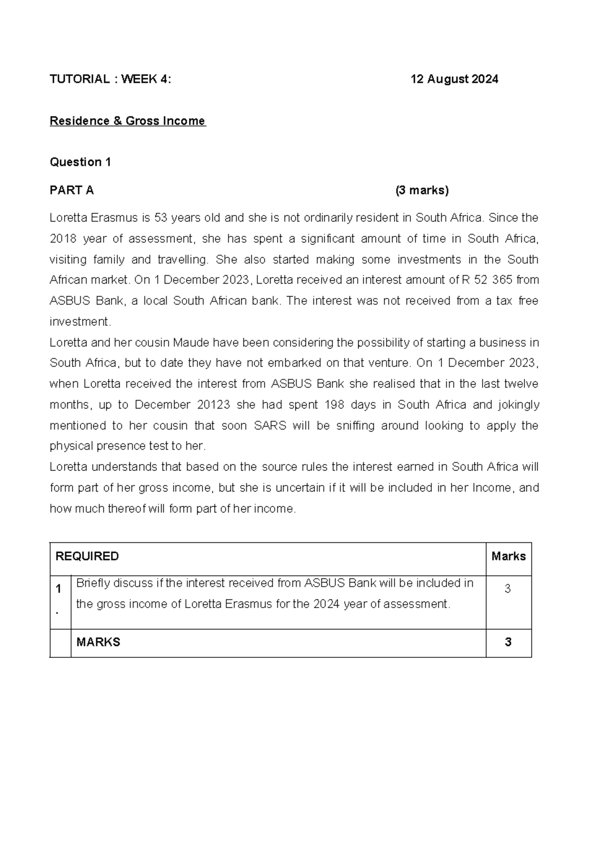 Tutorial week 4 1 - gross income and resident - TUTORIAL : WEEK 4: 12 ...