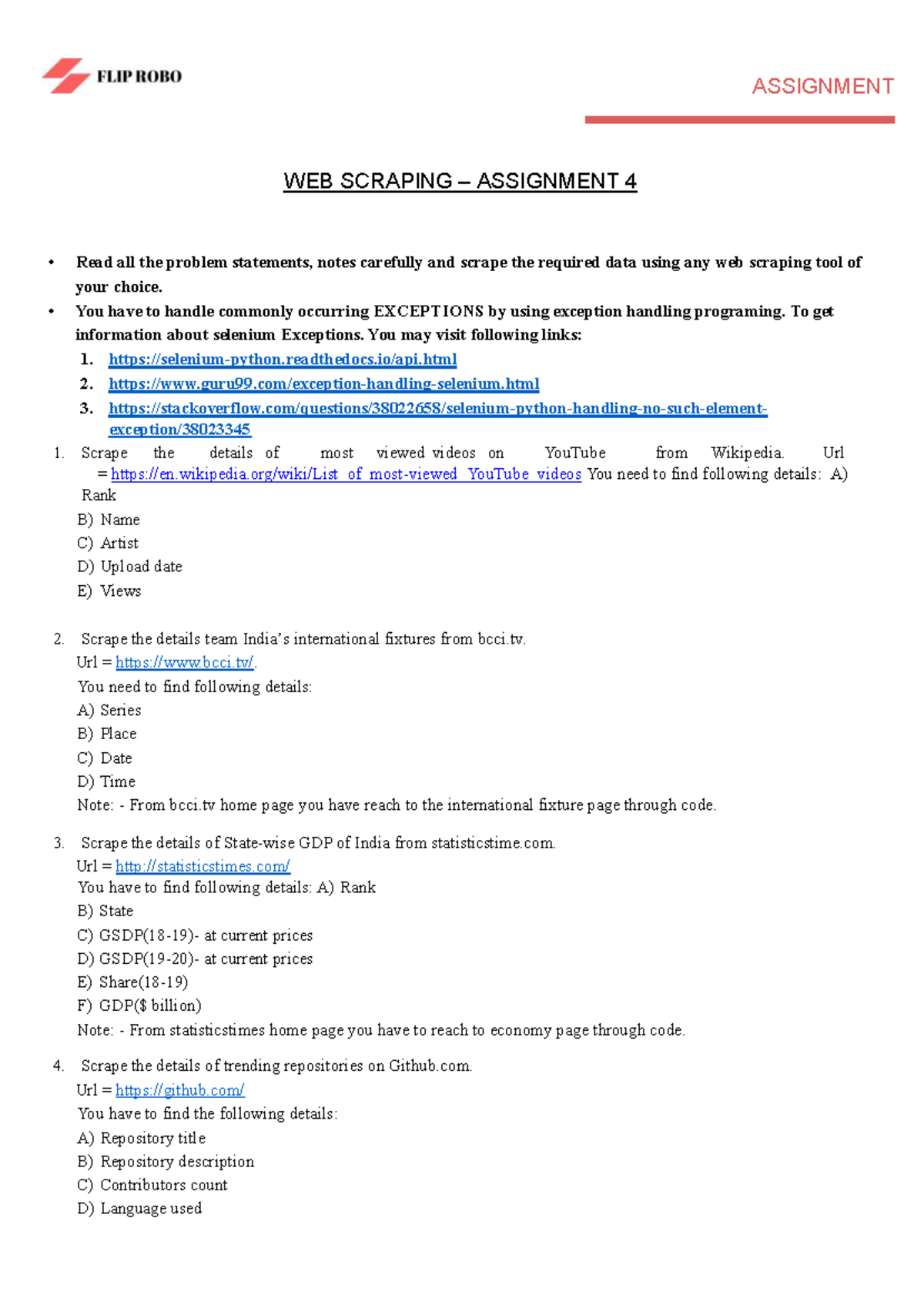 Assignment-4 updated-2-1 - ASSIGNMENT WEB SCRAPING – ASSIGNMENT 4 Read all the problem ...