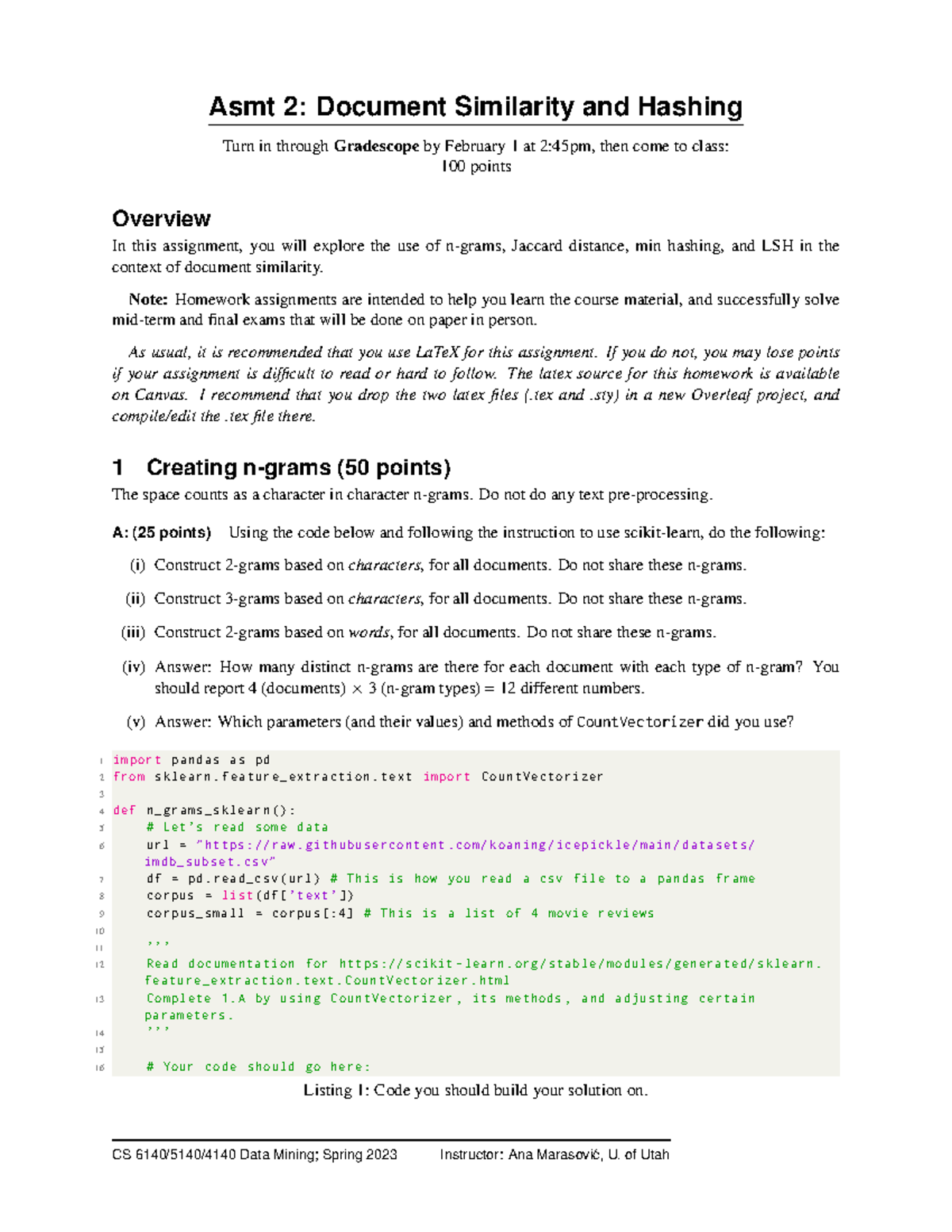 A2 Sim Hash 1 - Assignments - Asmt 2: Document Similarity and Hashing Turn in through Gradescope ...