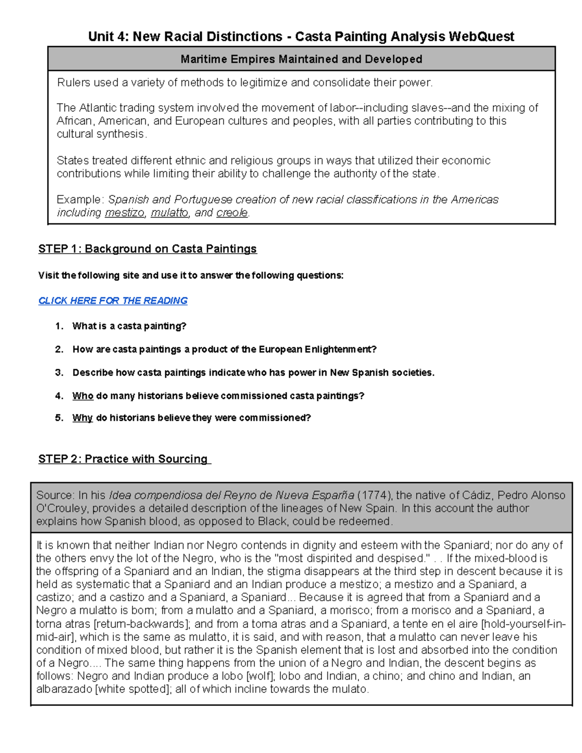 Copy of Unit 4 - New Racial Distinctions - Casta Painting Web Quest ...