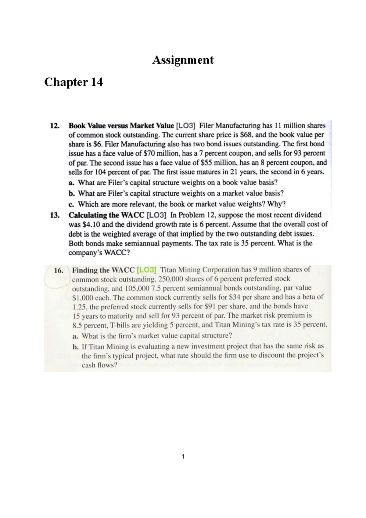 Assignment for ch14 - Assignment Chapter 14 12. Book Value versus Market Value Filer ...