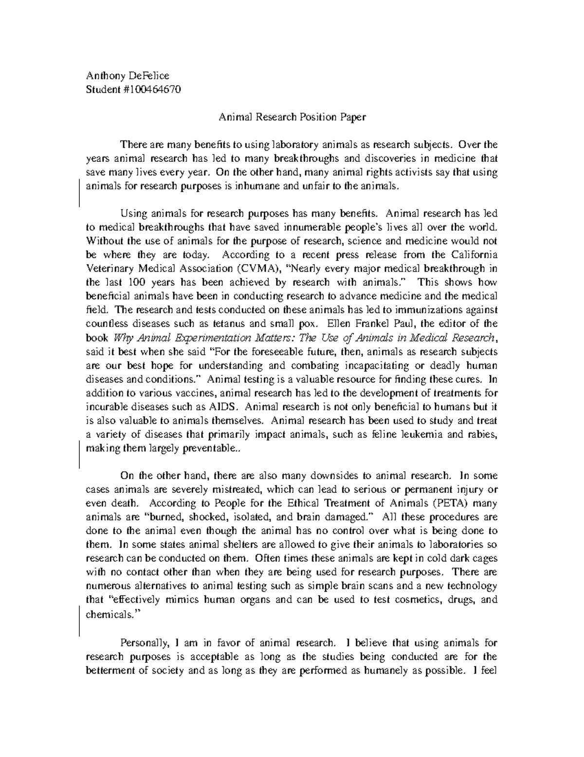 Animal Science Position Paper - Anthony DeFelice Student # Animal ...