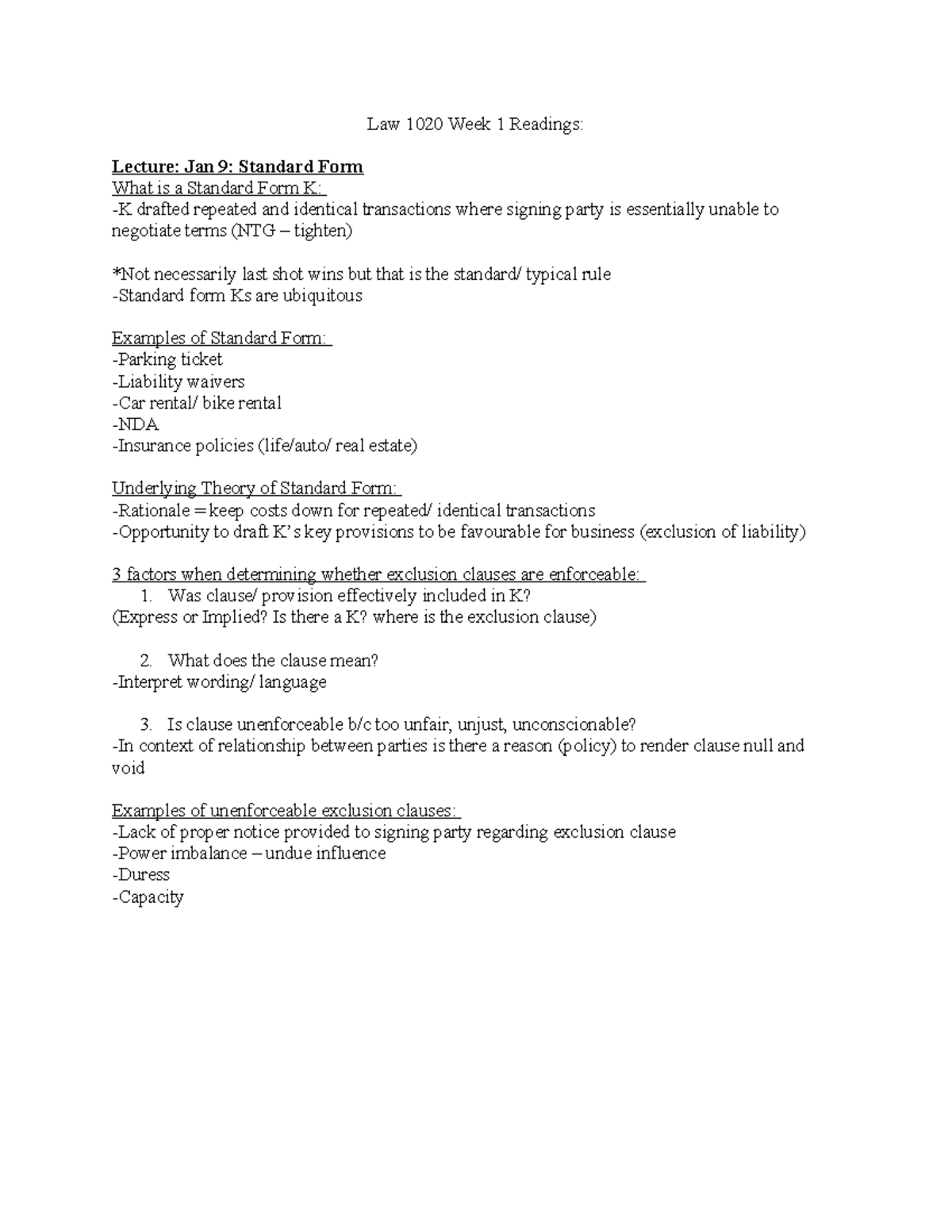 Law1020Week1Readings - Law 1020 Week 1 Readings: Lecture: Jan 9 ...