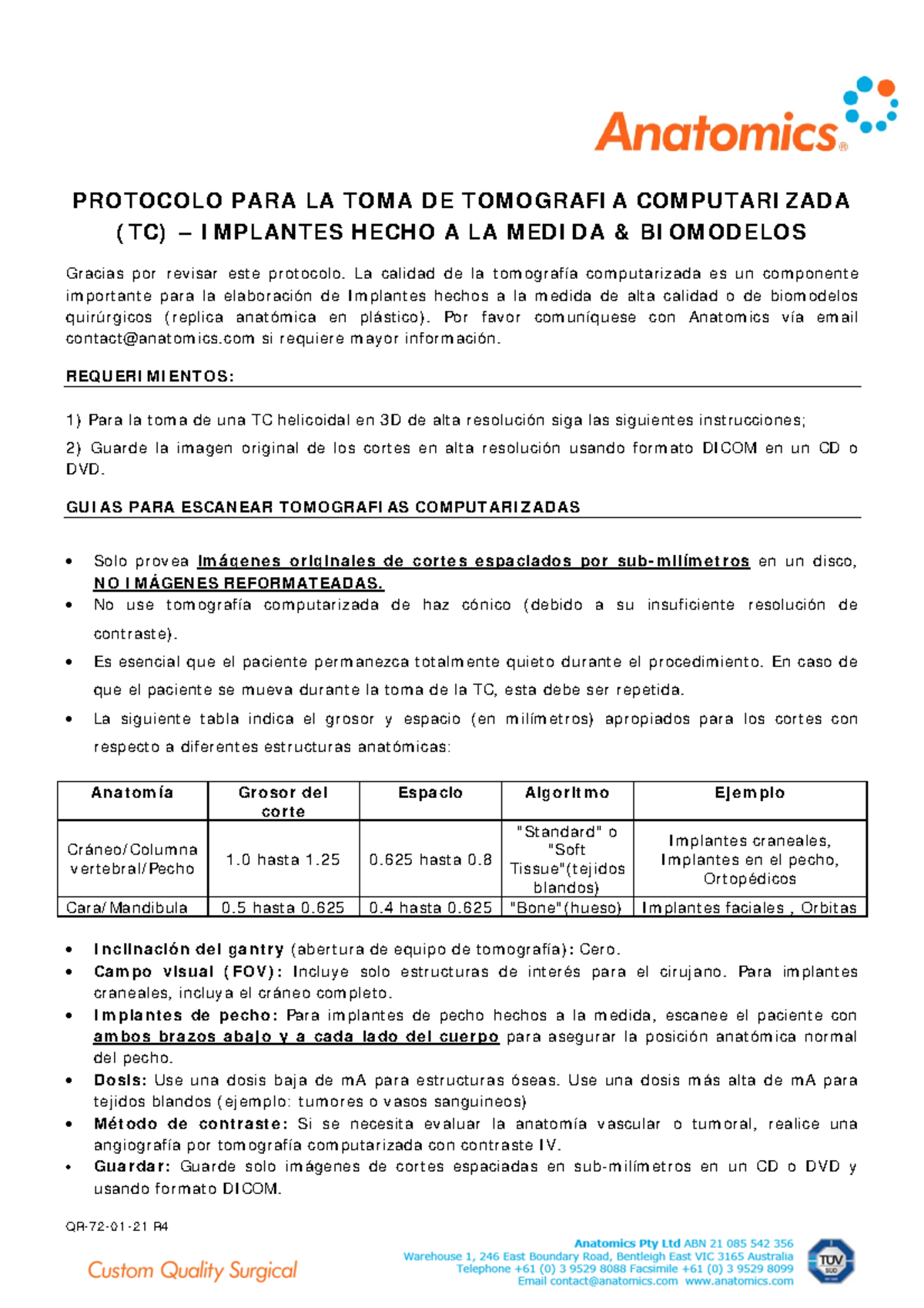 Anatomics CT Scan Protocol (Spanish) - QR- 72 - 01 - 21 R PROTOCOLO ...
