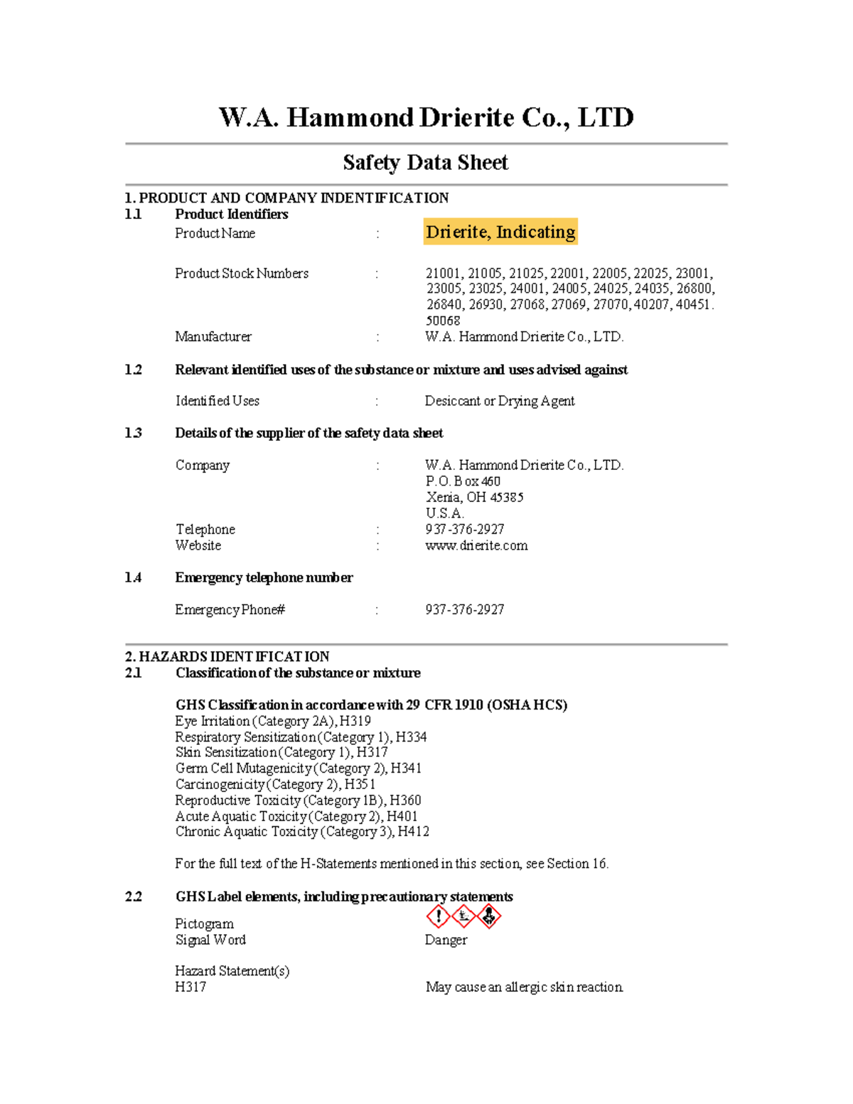 0047. Dierita ( Drierite 8M] - W. Hammond Drierite Co., LTD Safety Data ...