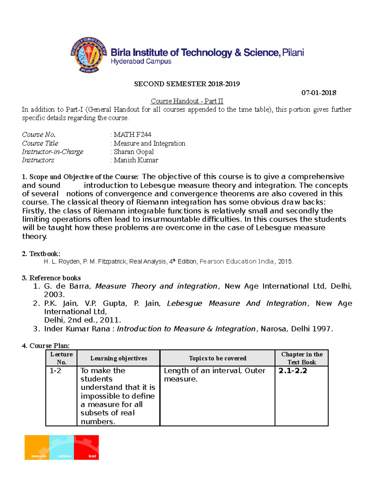 MATH F244 - Course Handout - SECOND SEMESTER 2018- 07-01- Course Handout - Part II In addition ...