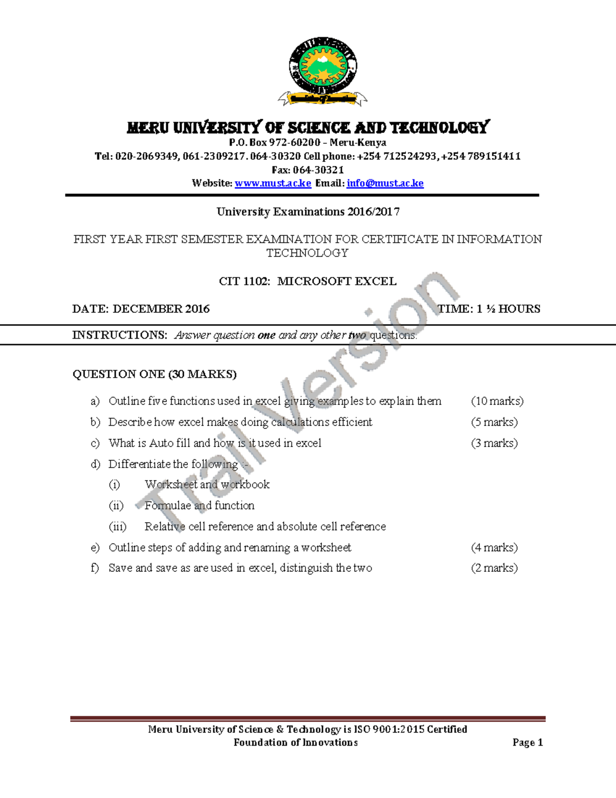 CIT 1102 Microsoft Excel - Meru University of Science & Technology is ISO 9001:2015 Certified ...