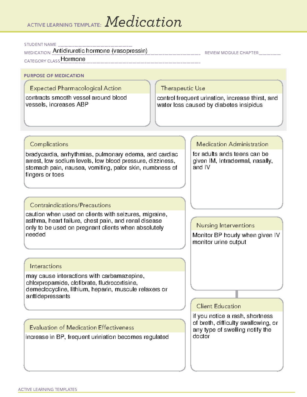 ATI ADH - ACTIVE LEARNING TEMPLATES Medication STUDENT NAME