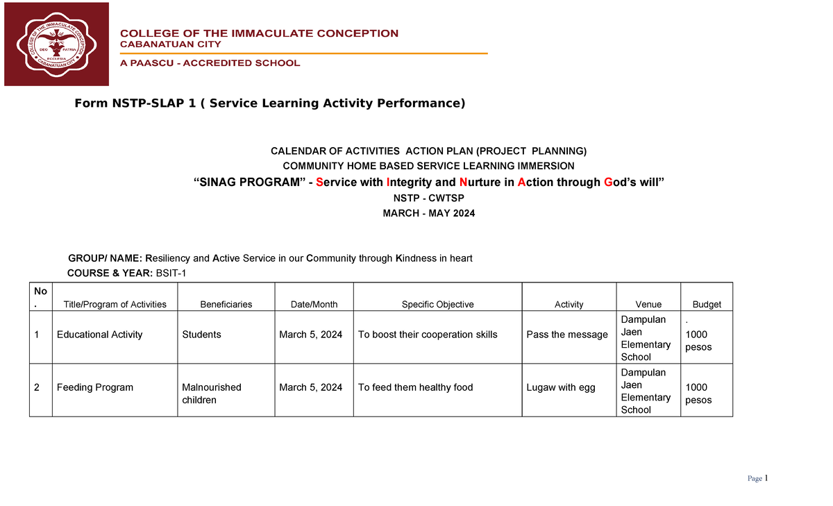 T.-1NSTP- Calendar-OF- Activities-PLAN-OF- Action - Form NSTP-SLAP 1 ...