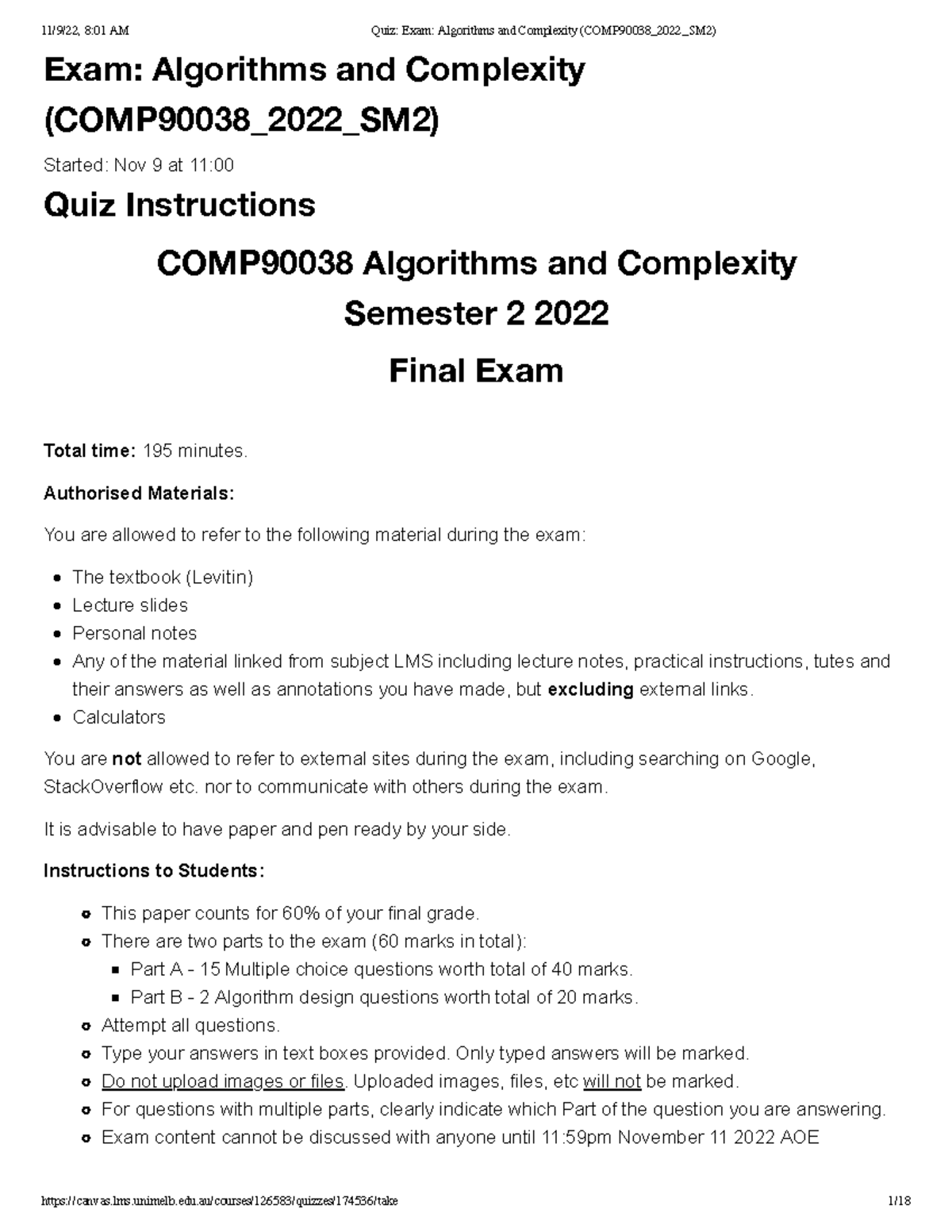 2022-sm2 - Exam - Exam: Algorithms and Complexity (COMP90038_2022_SM2) Started: Nov 9 at 11 ...